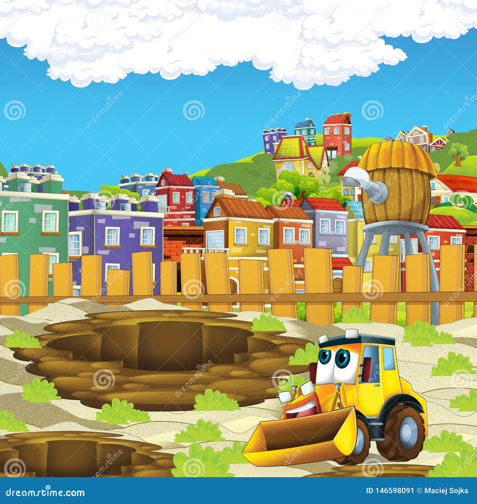 Cartoon Scene with Digger Excavator or Loader on Construction Site ...