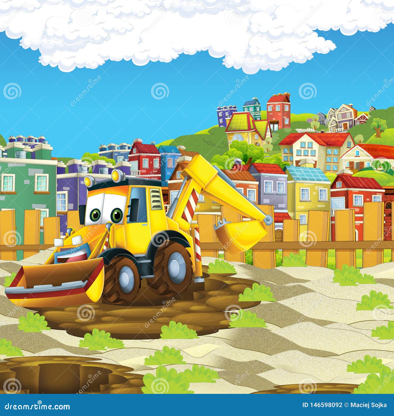 Cartoon Scene with Digger Excavator or Loader on Construction Site ...