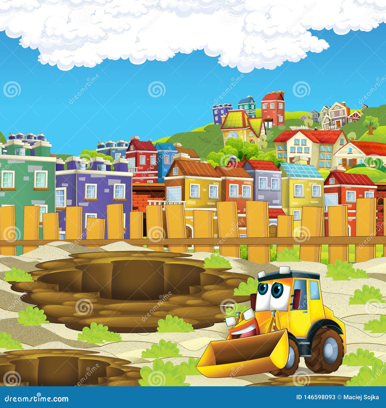 Cartoon Scene with Digger Excavator or Loader on Construction Site ...