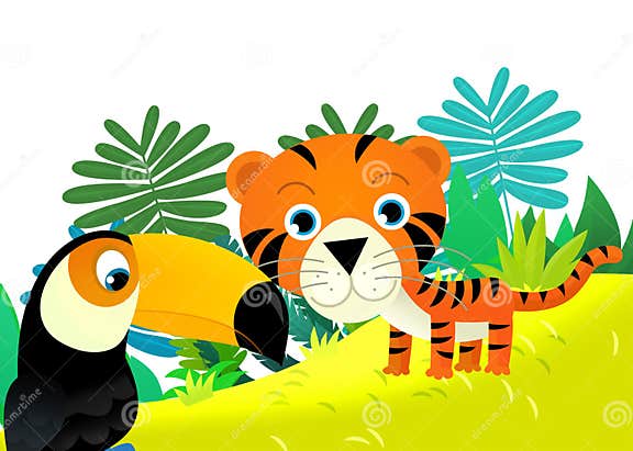 Cartoon Scene with Happy Tropical Cat Tiger in the Jungle Isolated ... Cartoon Scene with Happy Tropical Cat Tiger in the Jungle Isolated ...