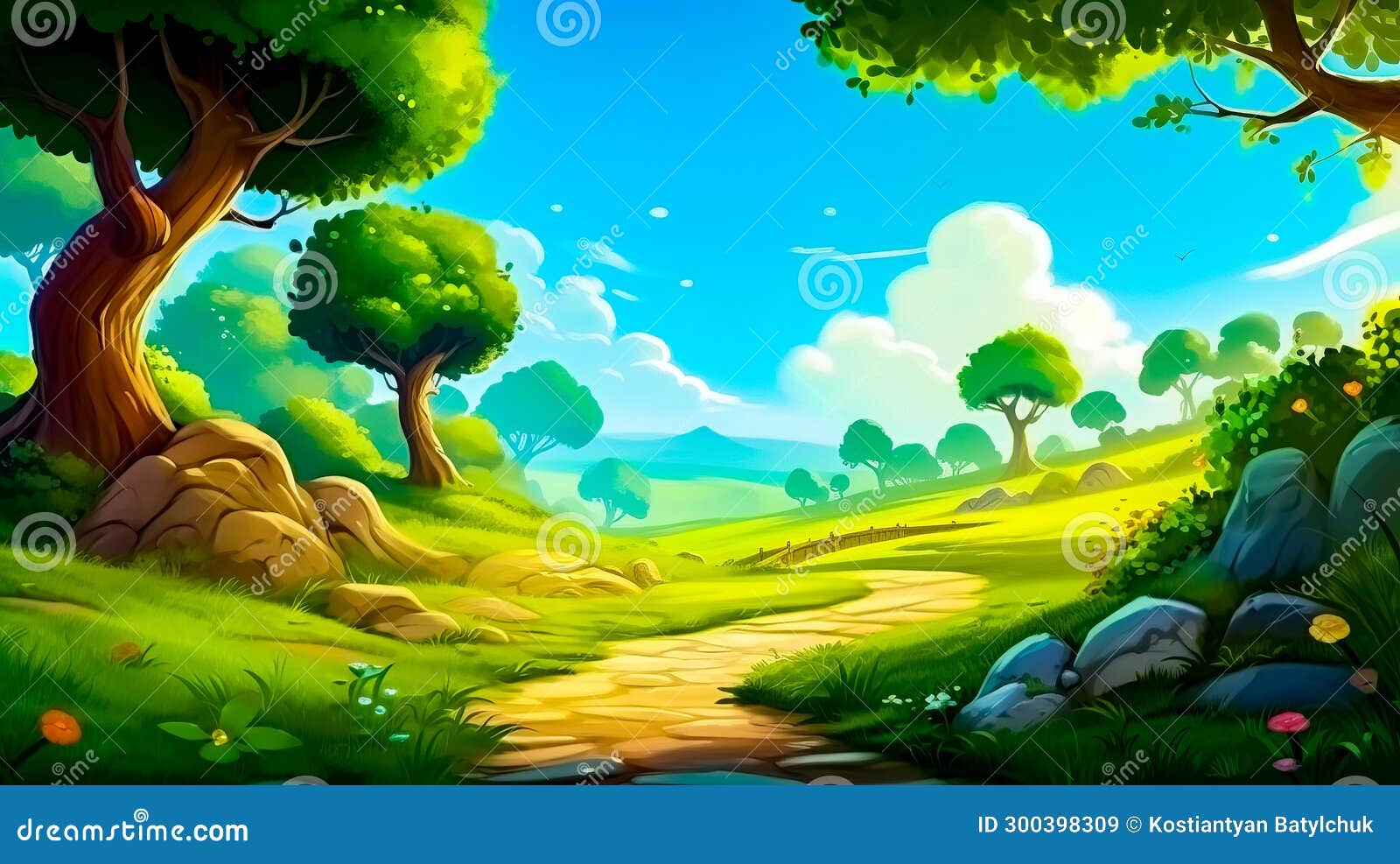 Cartoon Scene of Path through Green Field with Trees and Rocks ...