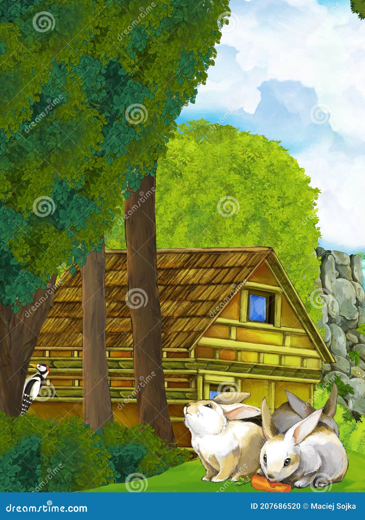 Cartoon Scene with Rabbit with Nature Forest with Path Illustration ...