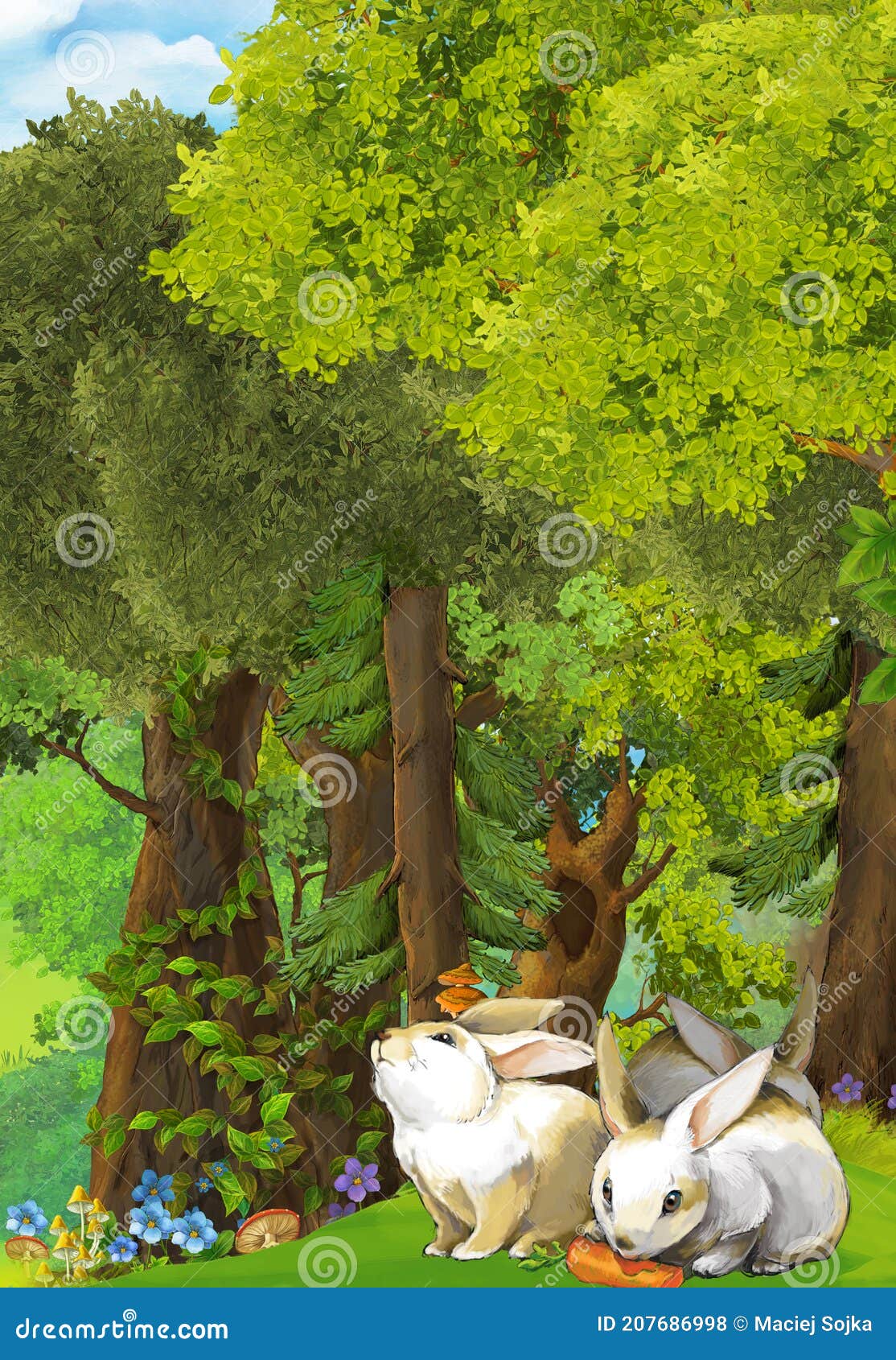 Cartoon Scene with Rabbit with Nature Forest with Path Illustration ...
