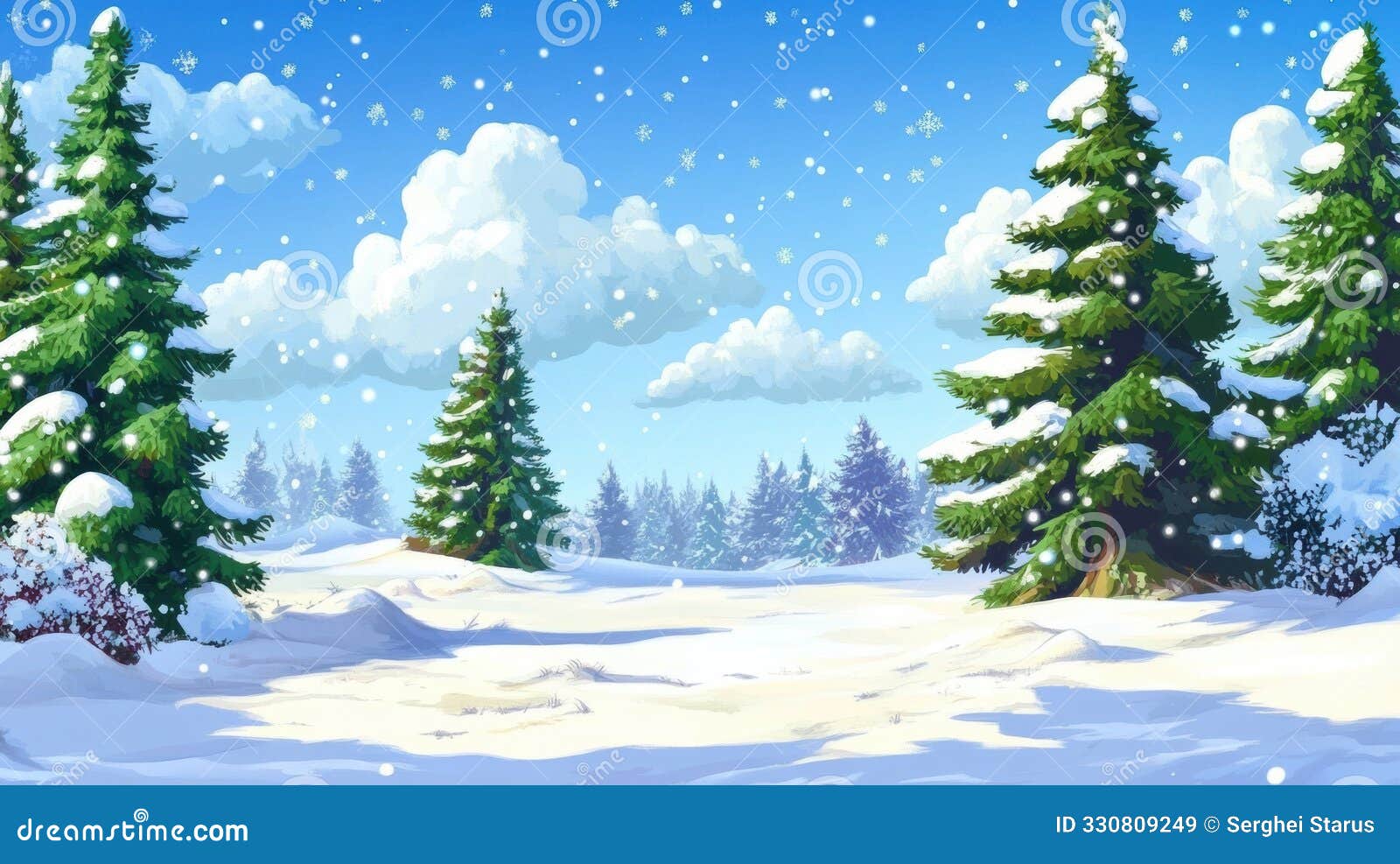 A Cartoon Scene of a Snowy Forest with Trees and Snow, AI Stock Image ...