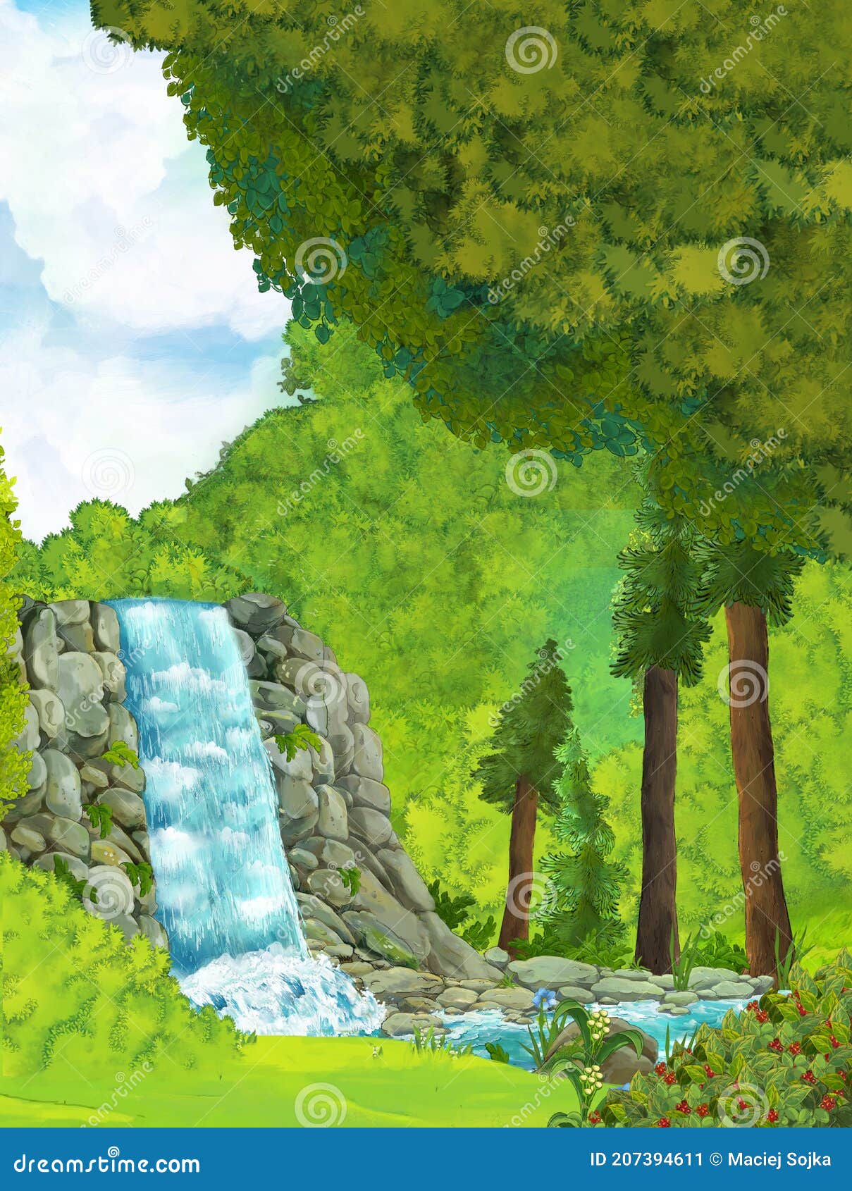 Cartoon Scene with Waterfall in the Forest Illustration Stock ...