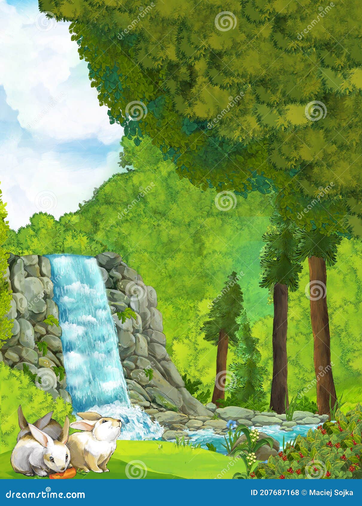 Cartoon Scene with Waterfall in the Forest Illustration Stock Photo ...