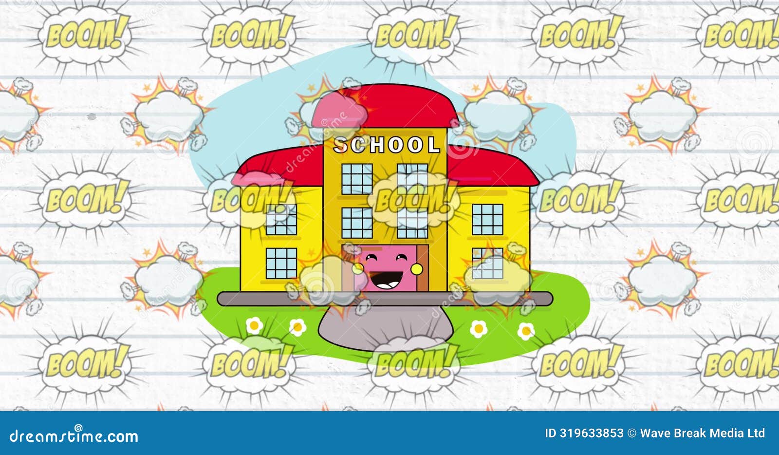 Cartoon School Building Exploding with BOOM! Texts Around Stock ...