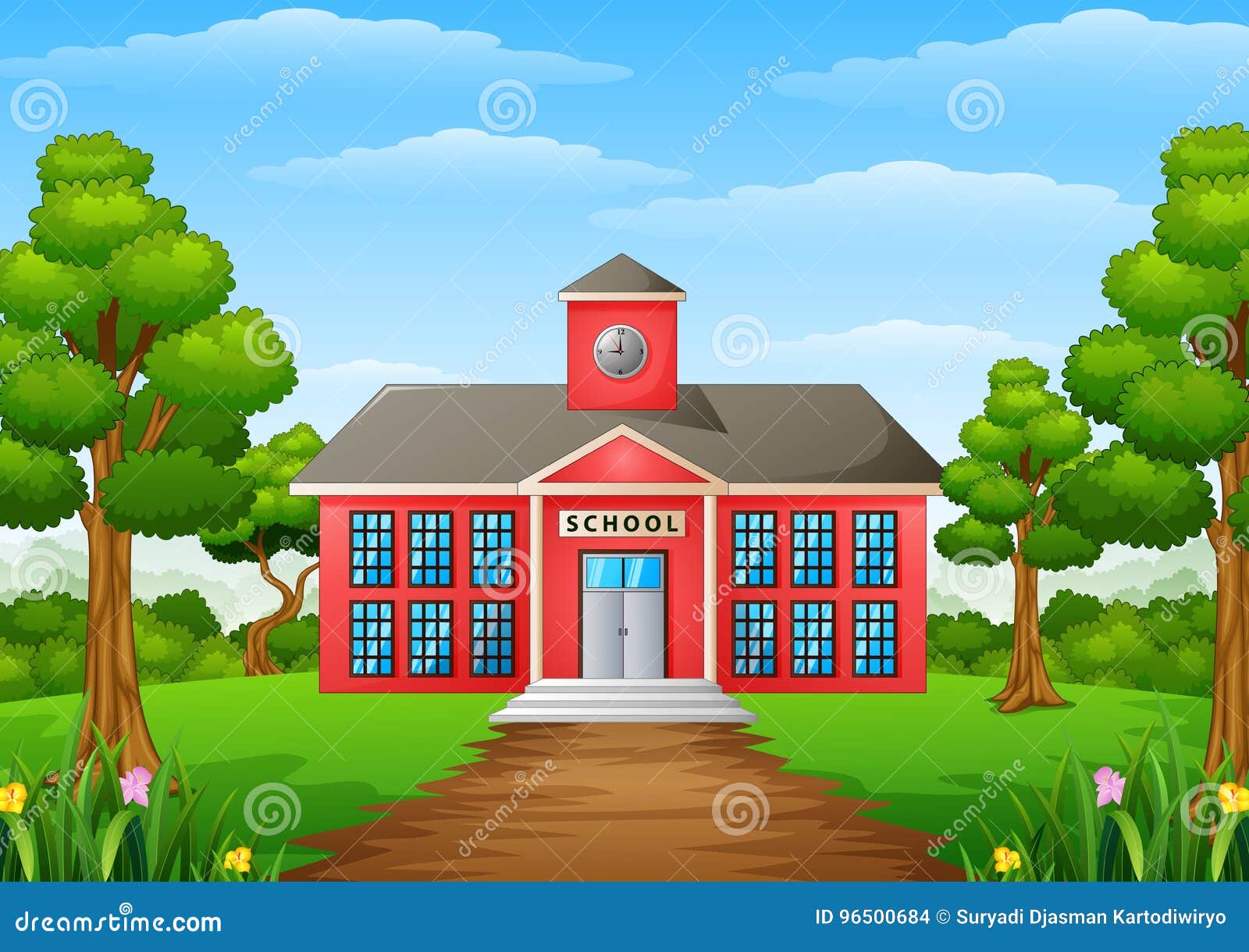 Cartoon School Building with Green Yard Stock Vector - Illustration of ...