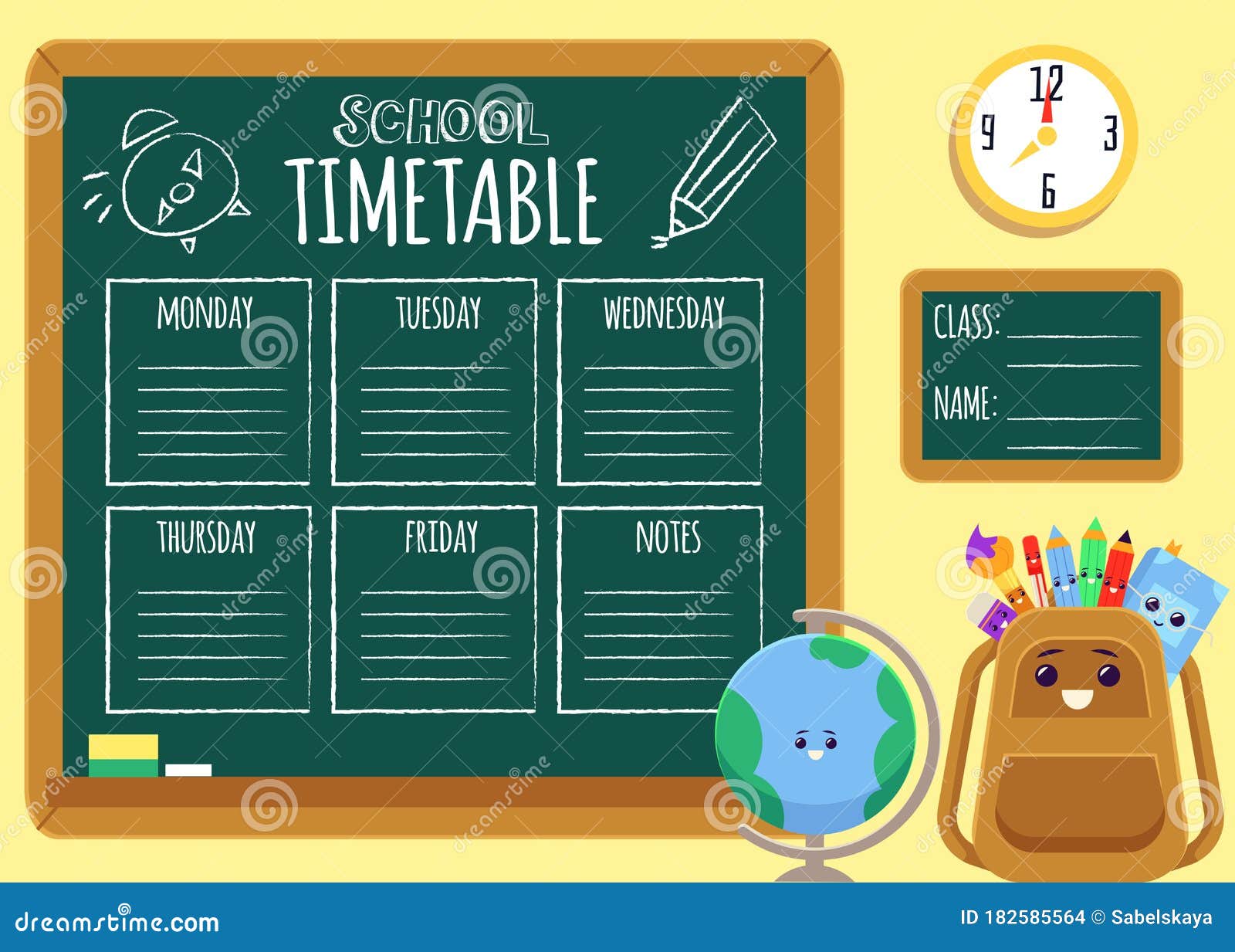 Cartoon School Timetable on Chalkboard with Text Template and Cute ...