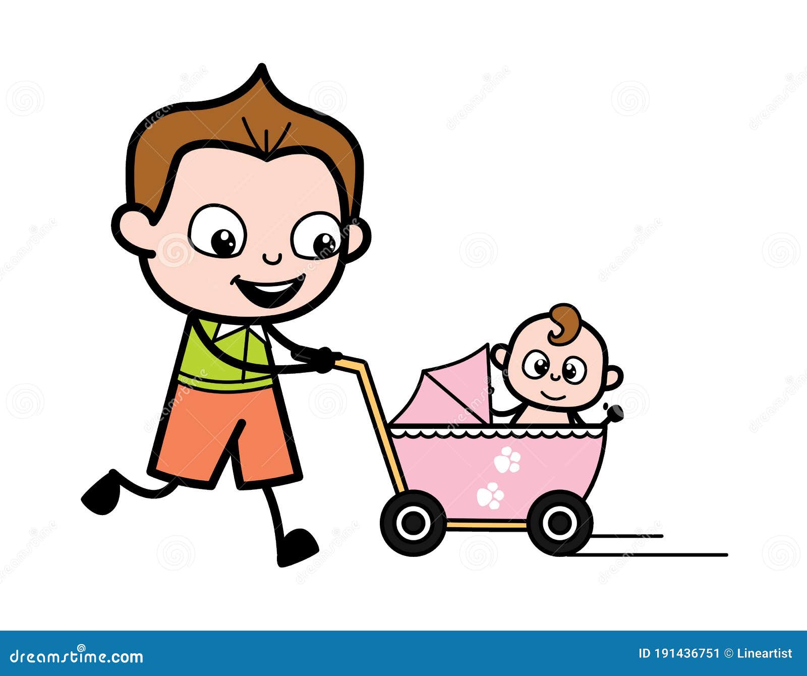 Cartoon Schoolboy with Baby Stroller Stock Illustration - Illustration ...