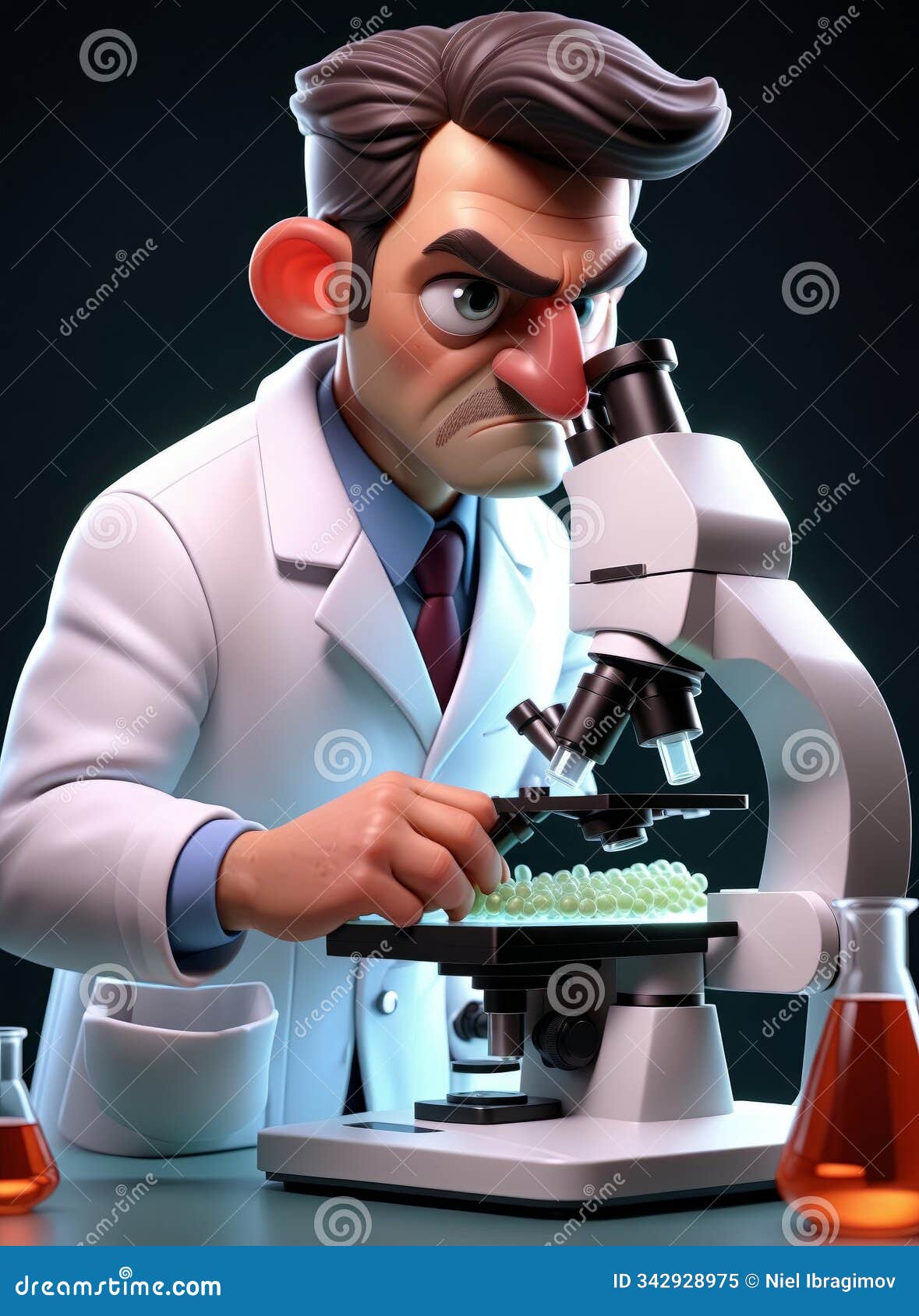 Cartoon Scientist Analyzing Specimens Under Microscope in Laboratory ...