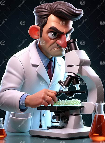 Cartoon Scientist Analyzing Specimens Under Microscope in Laboratory ...