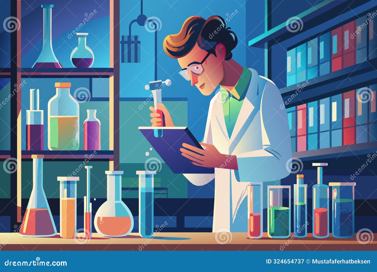 Cartoon Scientist Conducts an Experiment in a Vivid Lab Setting Stock ...