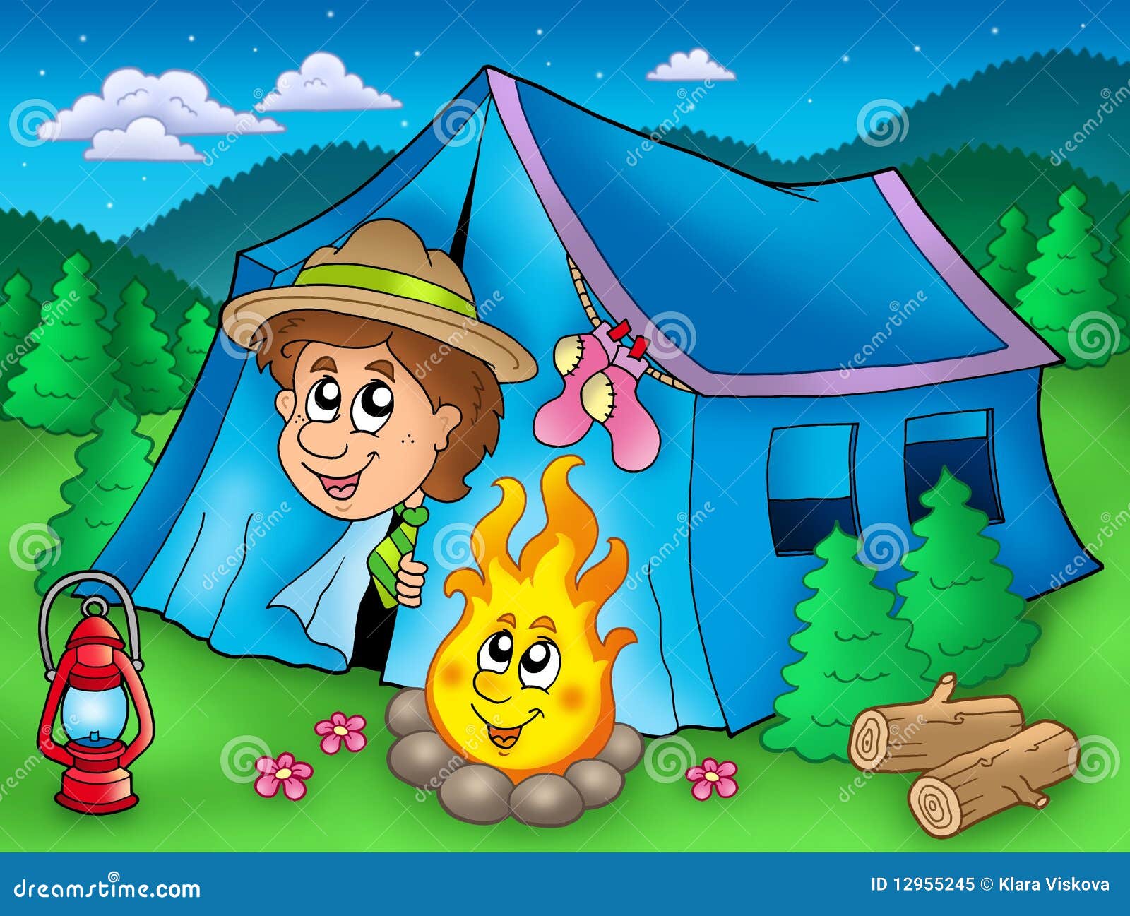 Cartoon scout boy in tent stock illustration. Illustration of ...