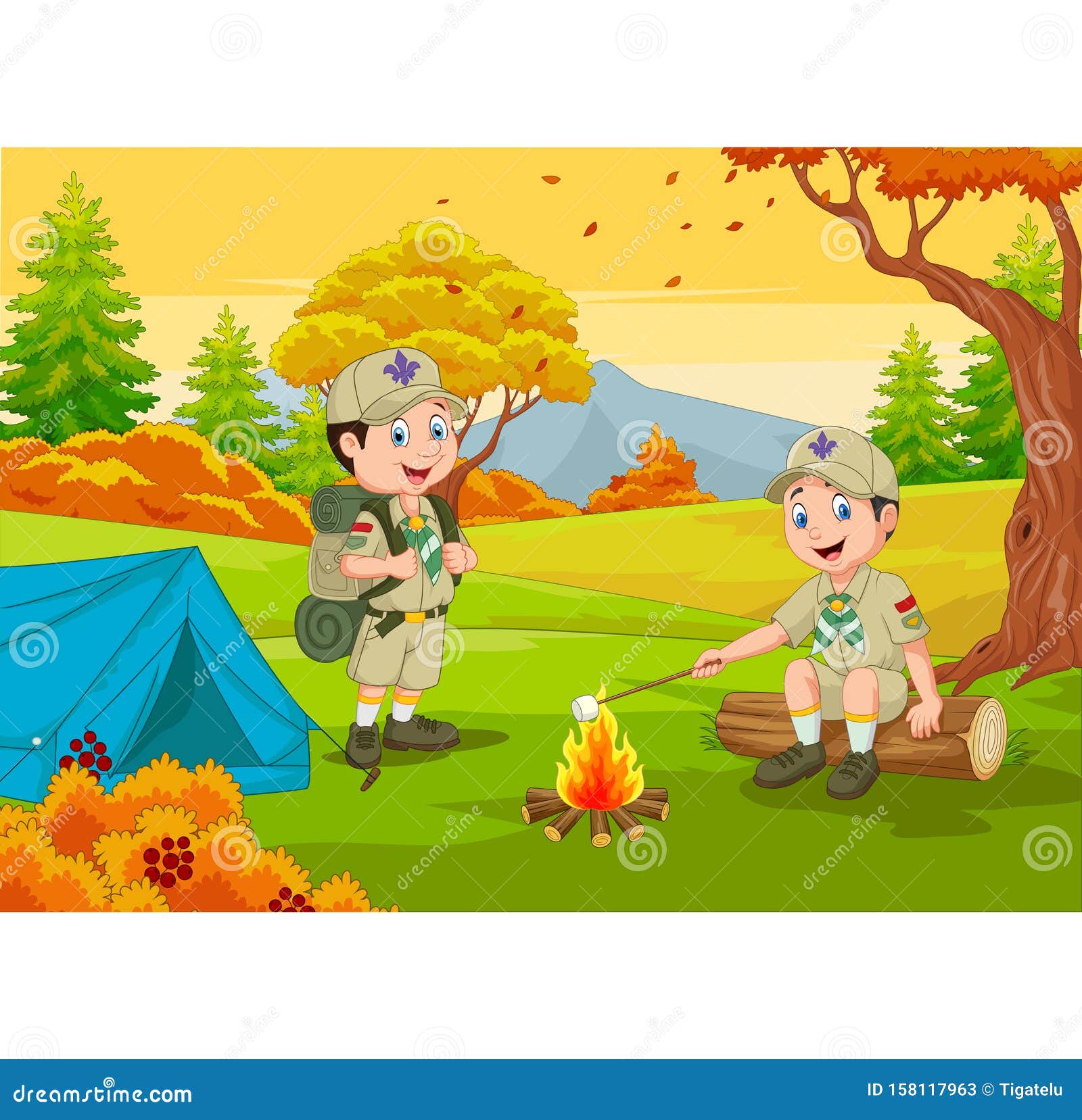 Cartoon Scout with Tent and Camp Fire Stock Vector - Illustration of ...