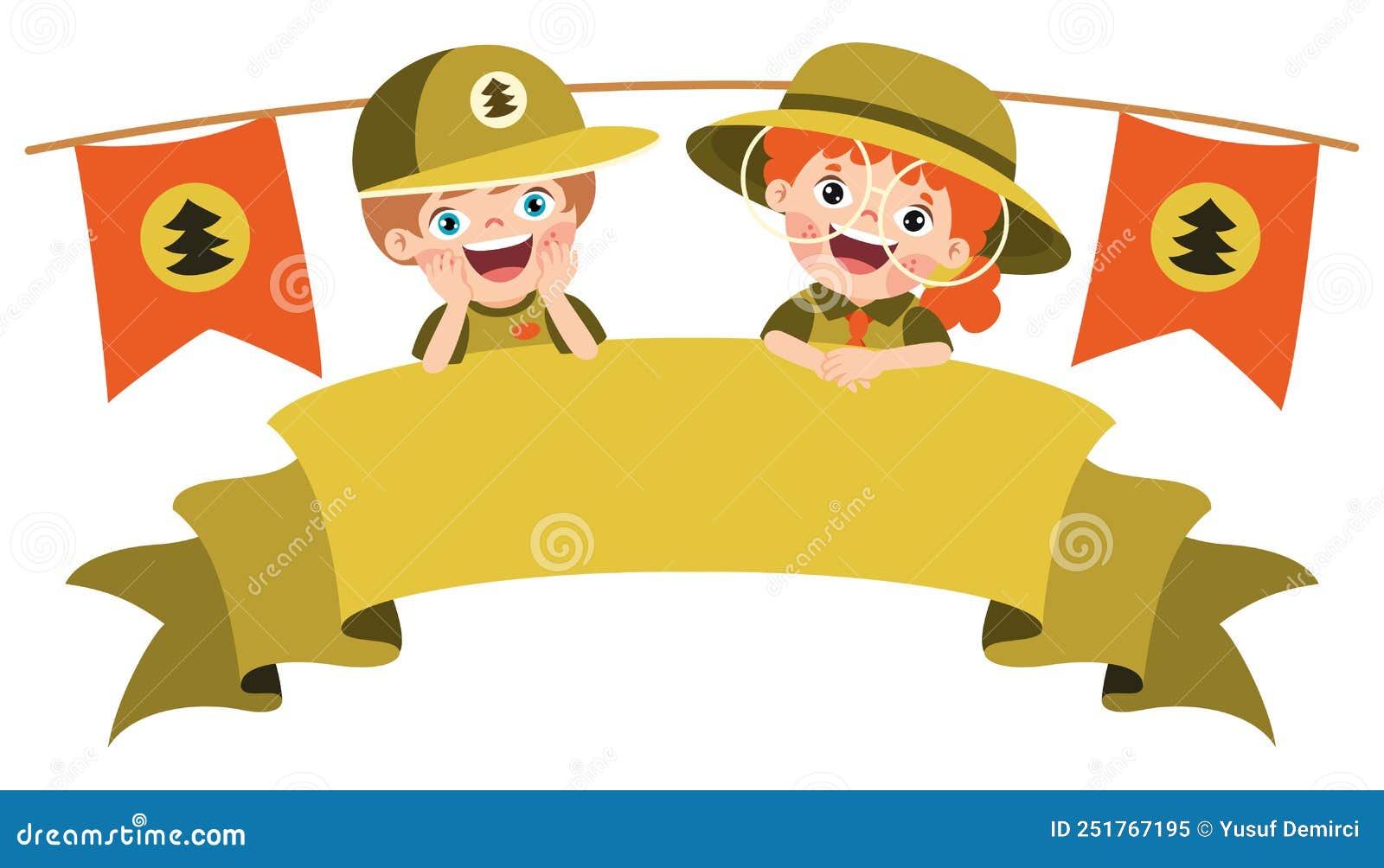 Cartoon Scouts With Wooden Signboard Vector Illustration ...