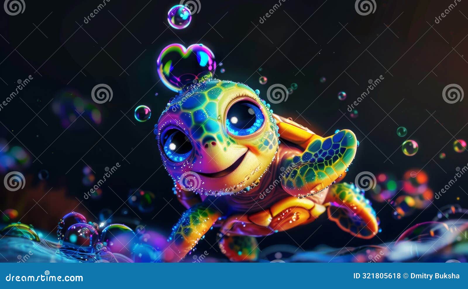 A Cartoon Sea Turtle Swims through a Bath of Iridescent Bubbles Stock ...