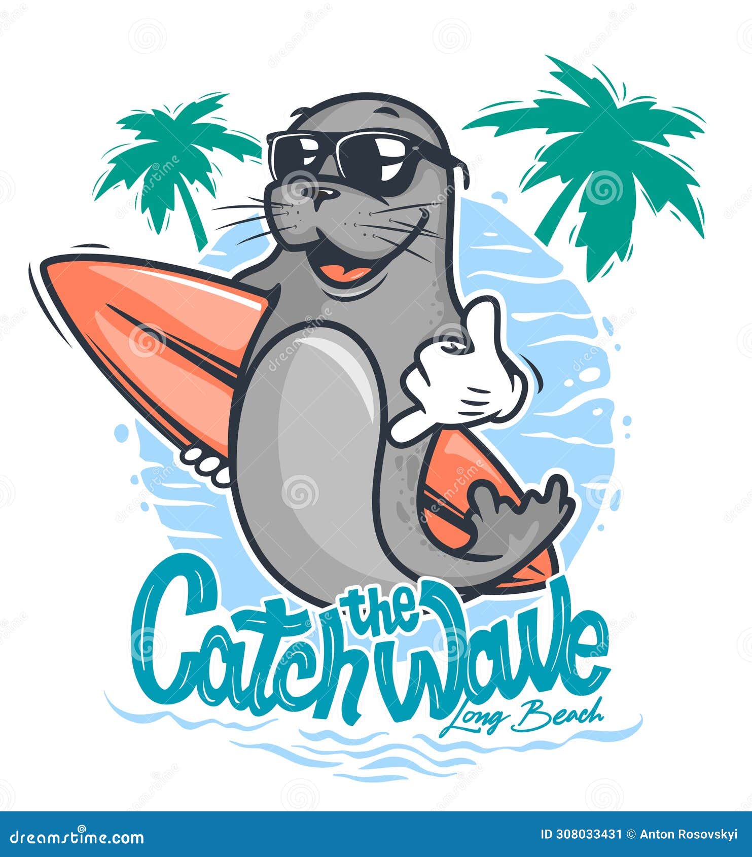 Cartoon Seal with Surf Board and Sunglasses, Catch the Wave Stock ...