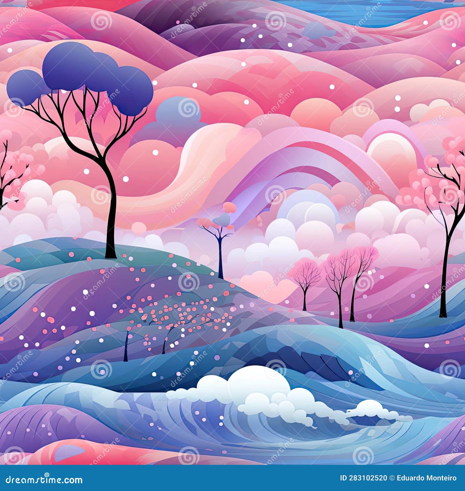 Cartoon Seamless Abstract Background with Trees, Waterfall, Clouds ...