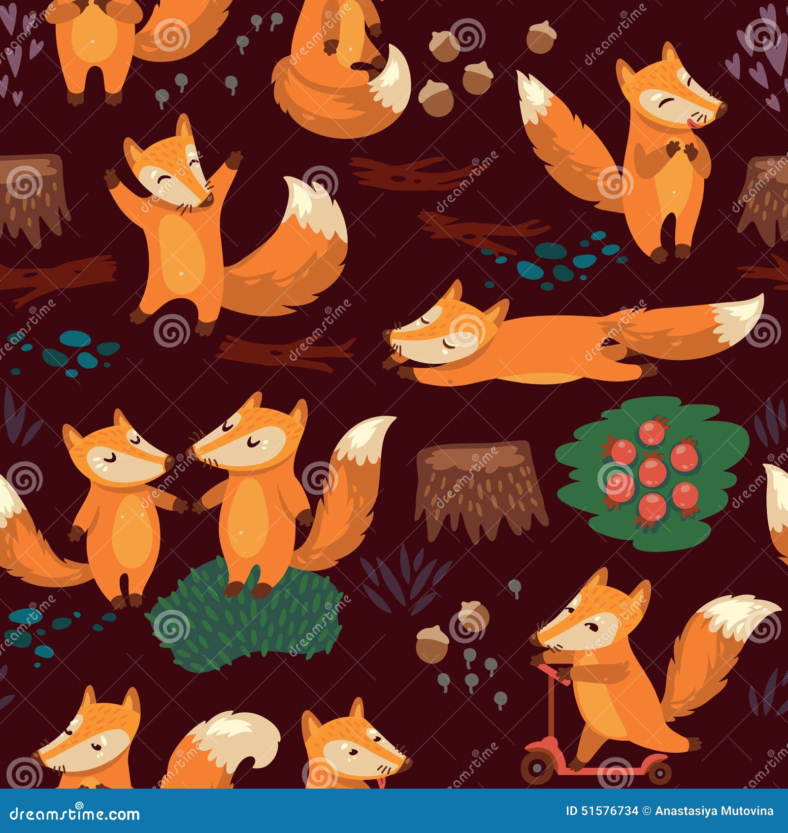 Cartoon Seamless Pattern with Cute Foxes. Vector Stock Vector ...