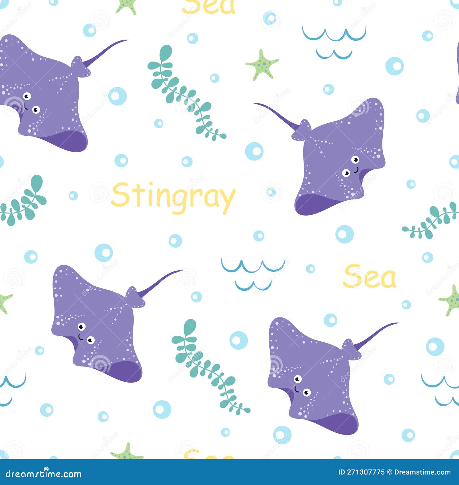 Cartoon Seamless Pattern with Stingray, Vector Illustration Stock ...