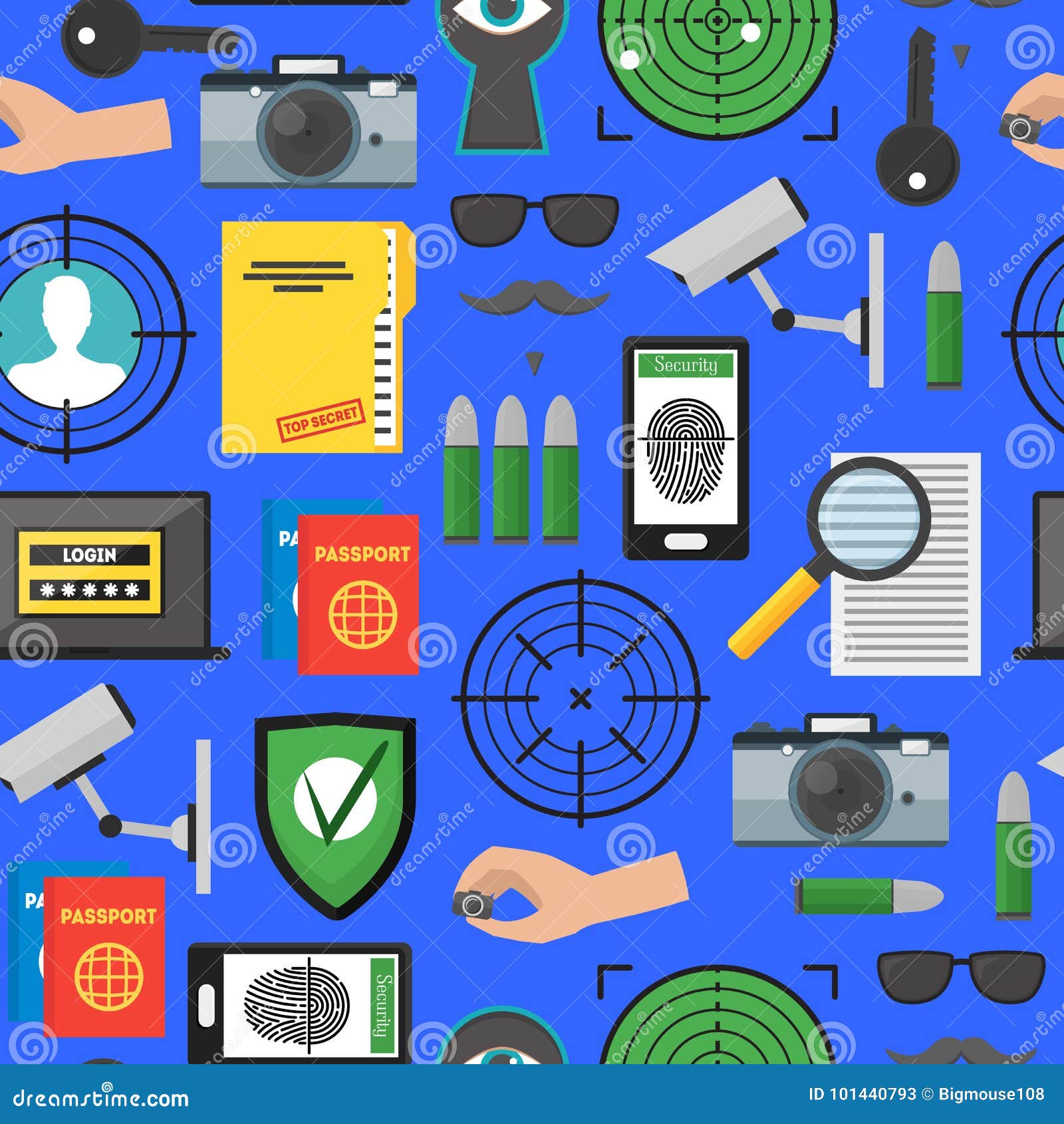 Cartoon Security and Spy Background Pattern on a Blue. Vector Stock ...