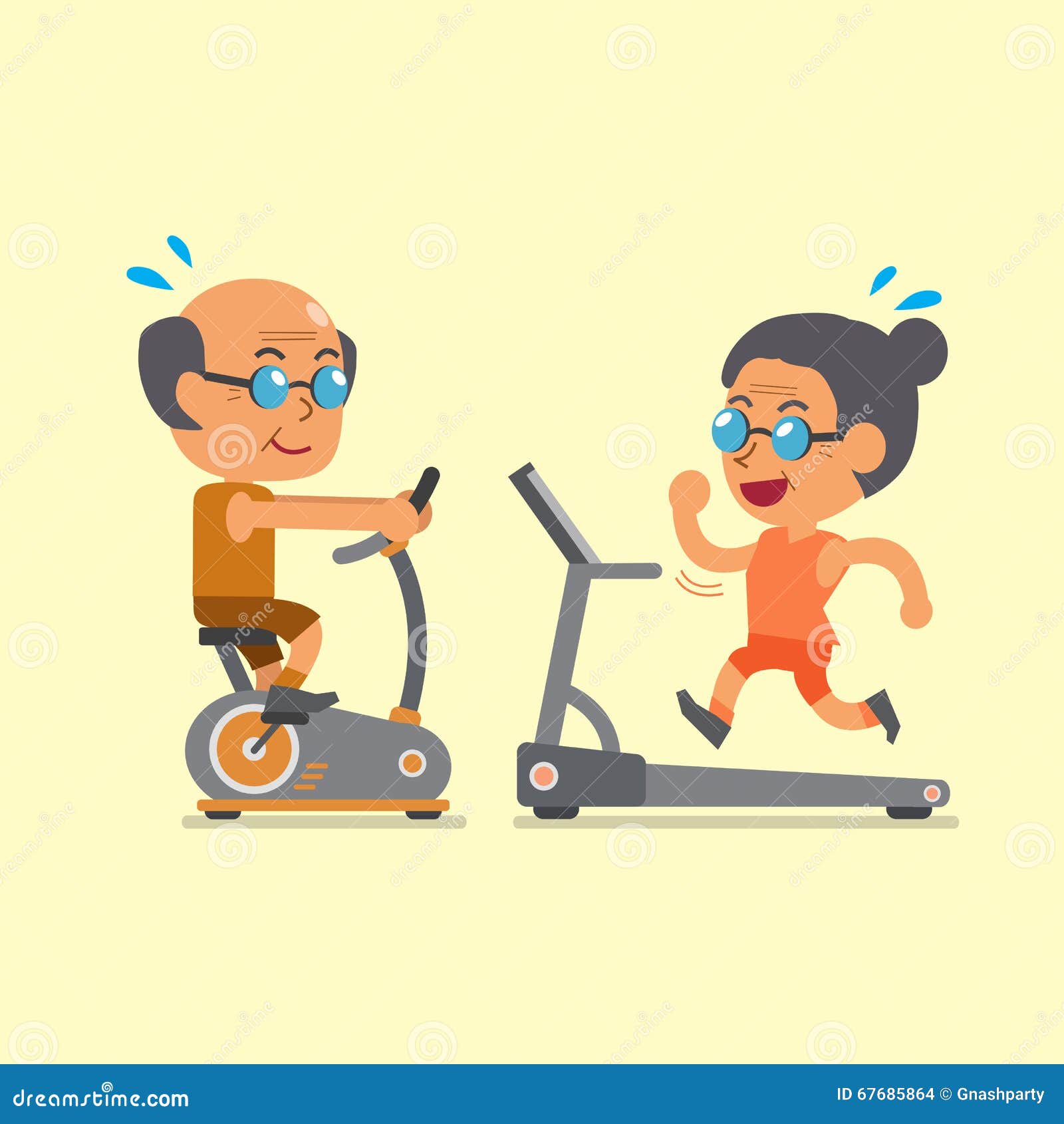 Cartoon Senior People Doing Exercise with Exercise Bike and Treadmill ...