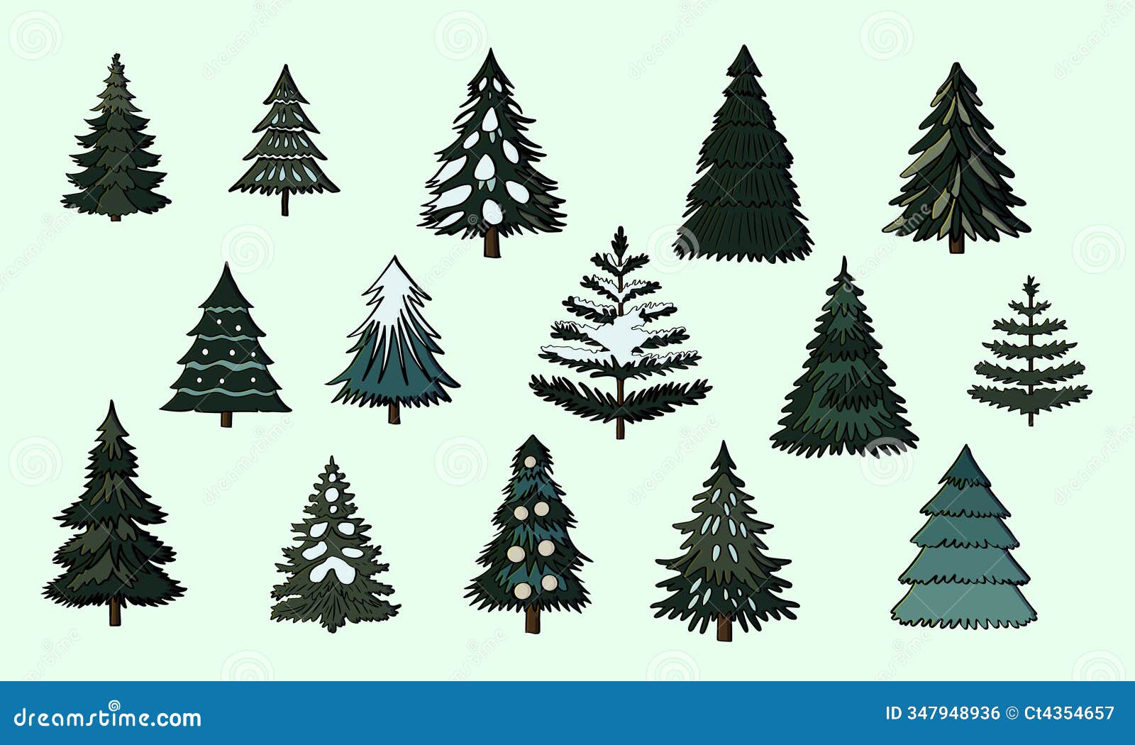Cartoon Set with Christmas Trees on White Background Stock Illustration ...