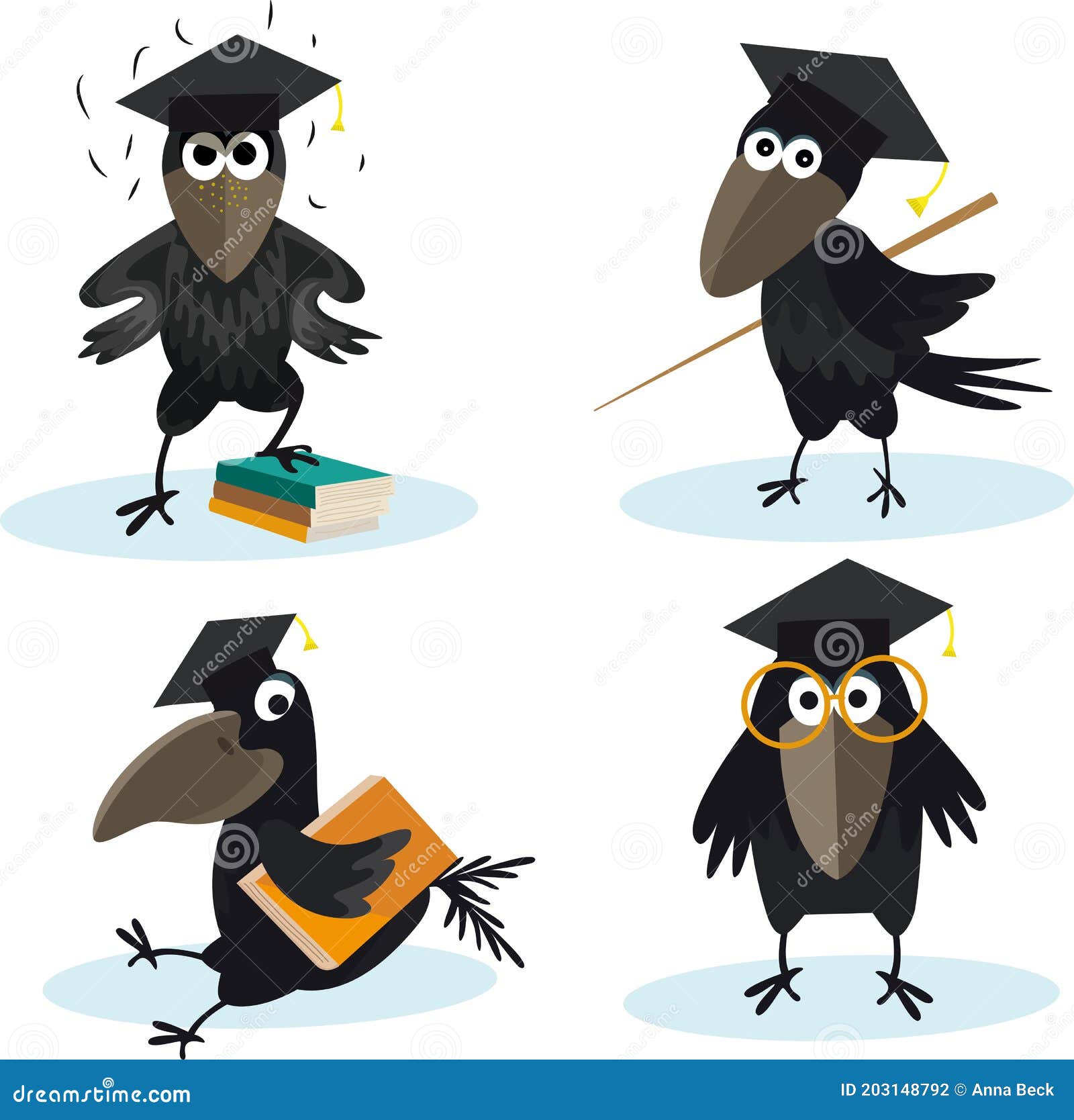 Cartoon Set Crow with Bachelor Cap and Books Vector Image Stock Vector ...