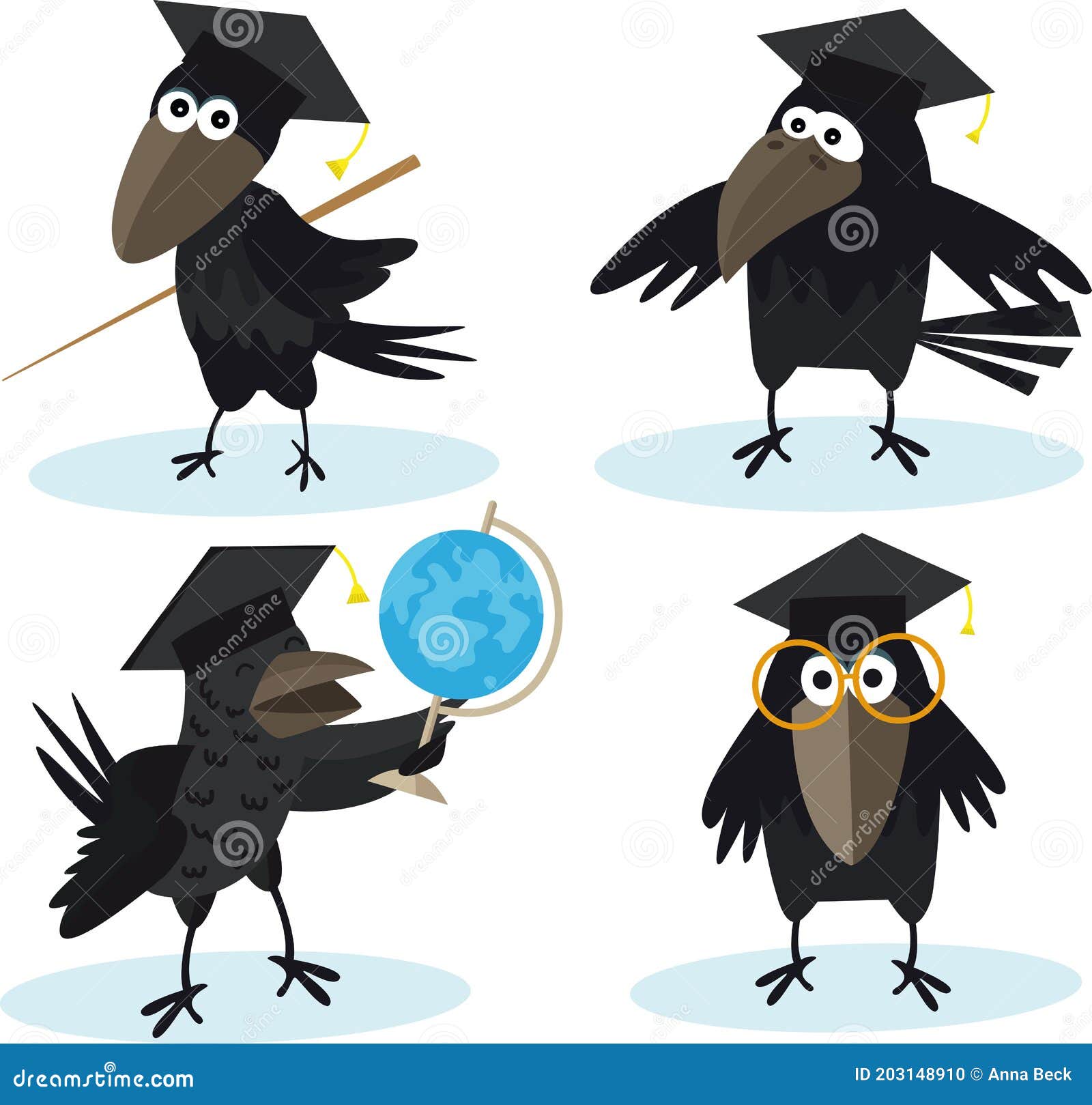 Cartoon Set Crow with Bachelor Cap and Globus Vector Image Stock Vector ...