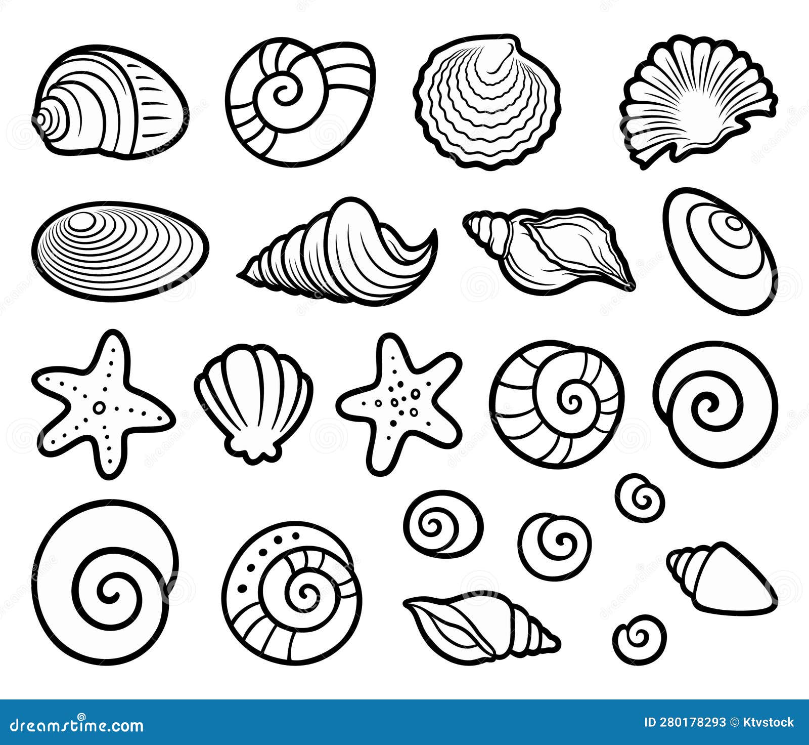Cartoon Set of Cute Doodle Shells. Stock Vector - Illustration of coast ...