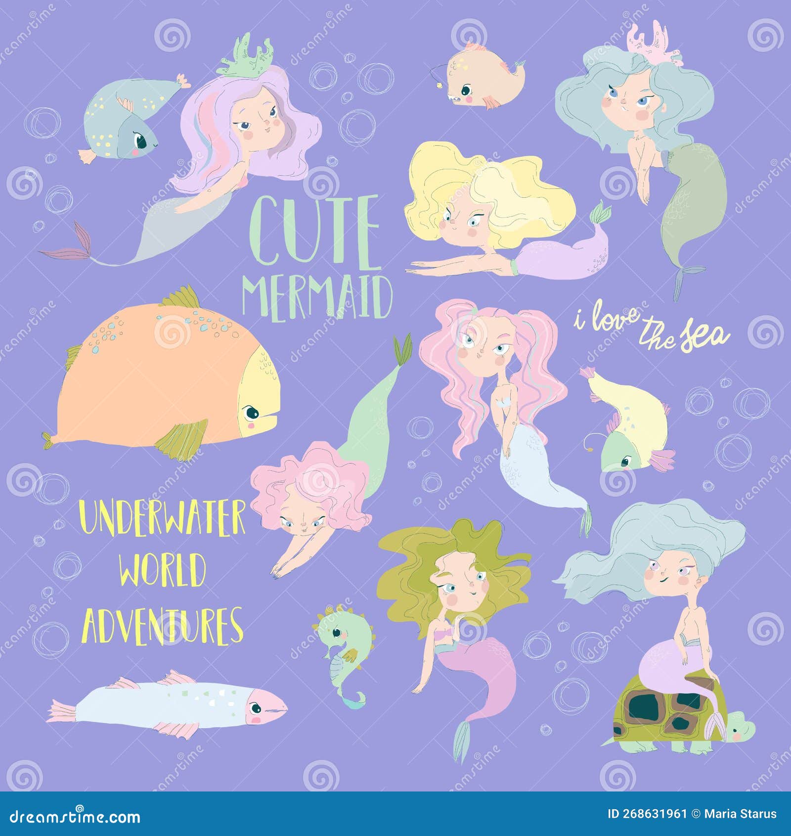 Cartoon Set with Cute Mermaids and Fuuny Fish Stock Vector ...
