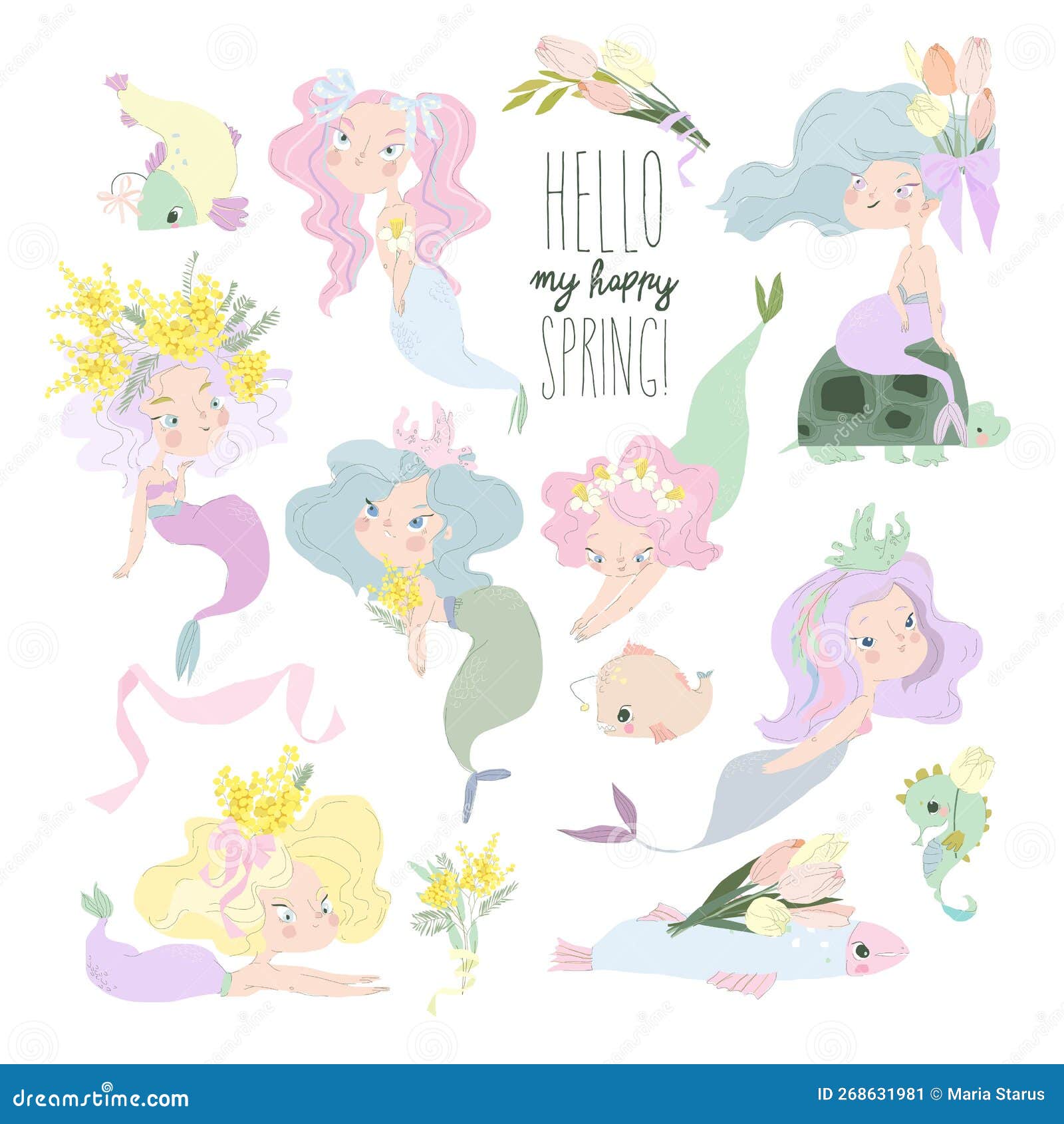 Cartoon Set with Cute Mermaids and Spring Flowers Stock Vector ...