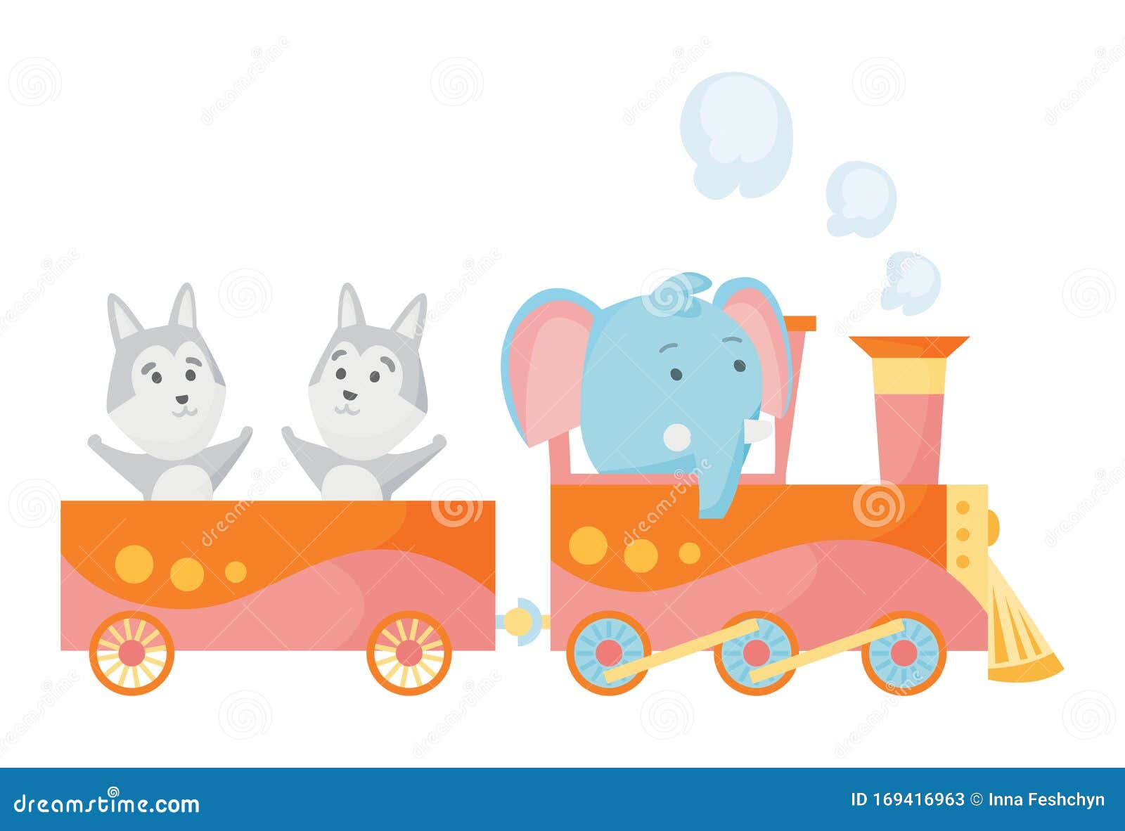Cartoon Set with Different Animals on Trains. Elephant and Two Wolfs ...