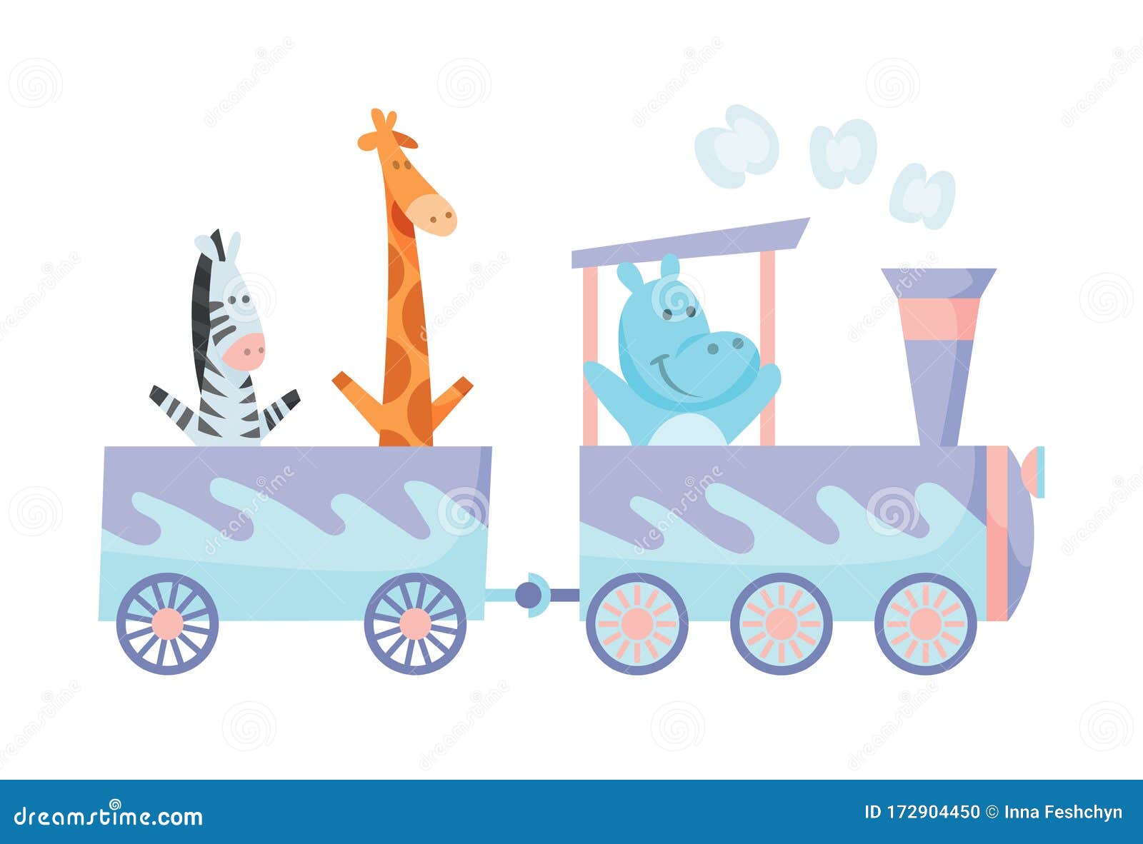 Cartoon Set with Different Animals on Trains. Hippopotamus Giraffe and ...