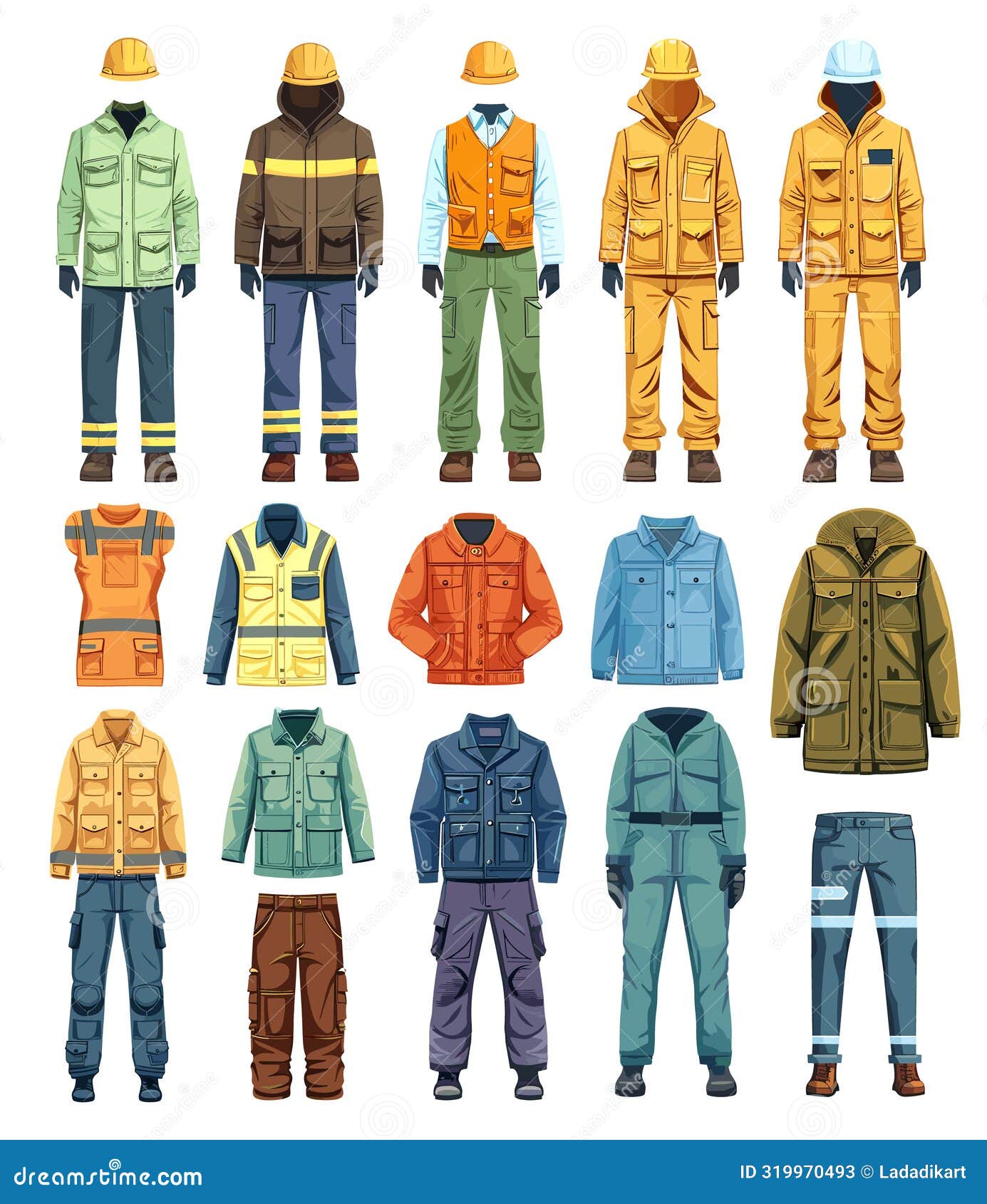 Cartoon Set of Different Overalls for Work in Production, Construction ...