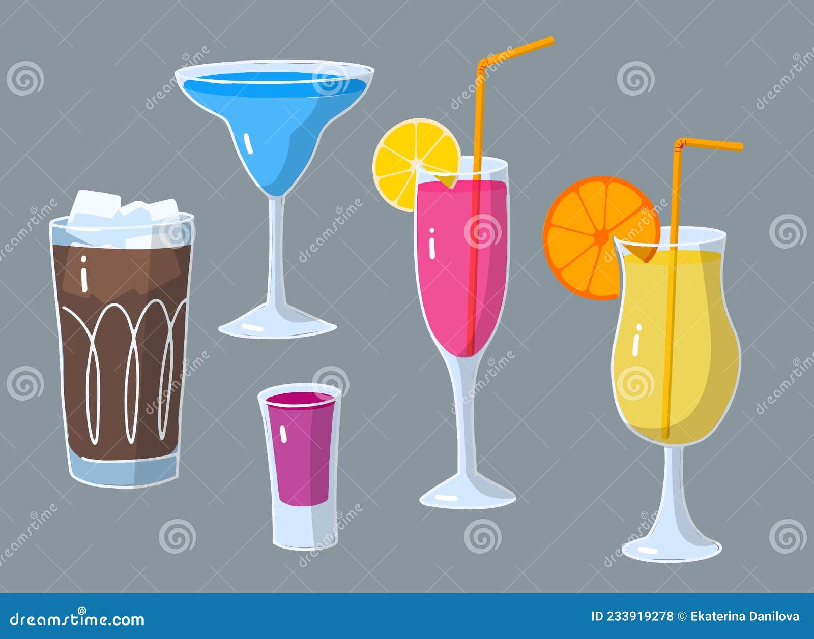 Cartoon Set of Drinks, Glass of Cocktail with Piece of Fruit Stock ...