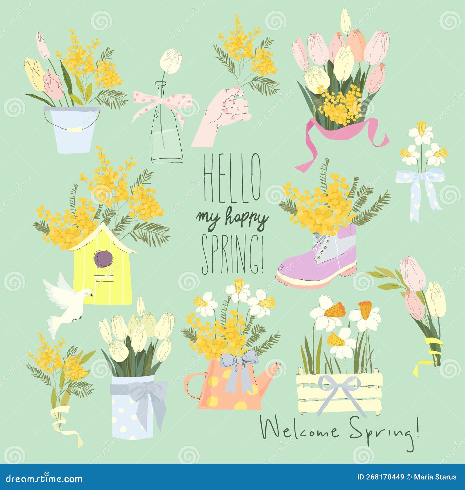 Cartoon Set with Fresh Spring Flowers Bouquets Stock Vector ...