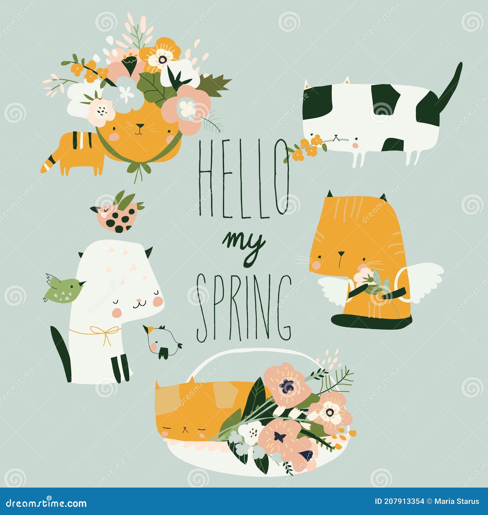 Cartoon Set of Funny Cats with Spring Flowers Stock Illustration ...