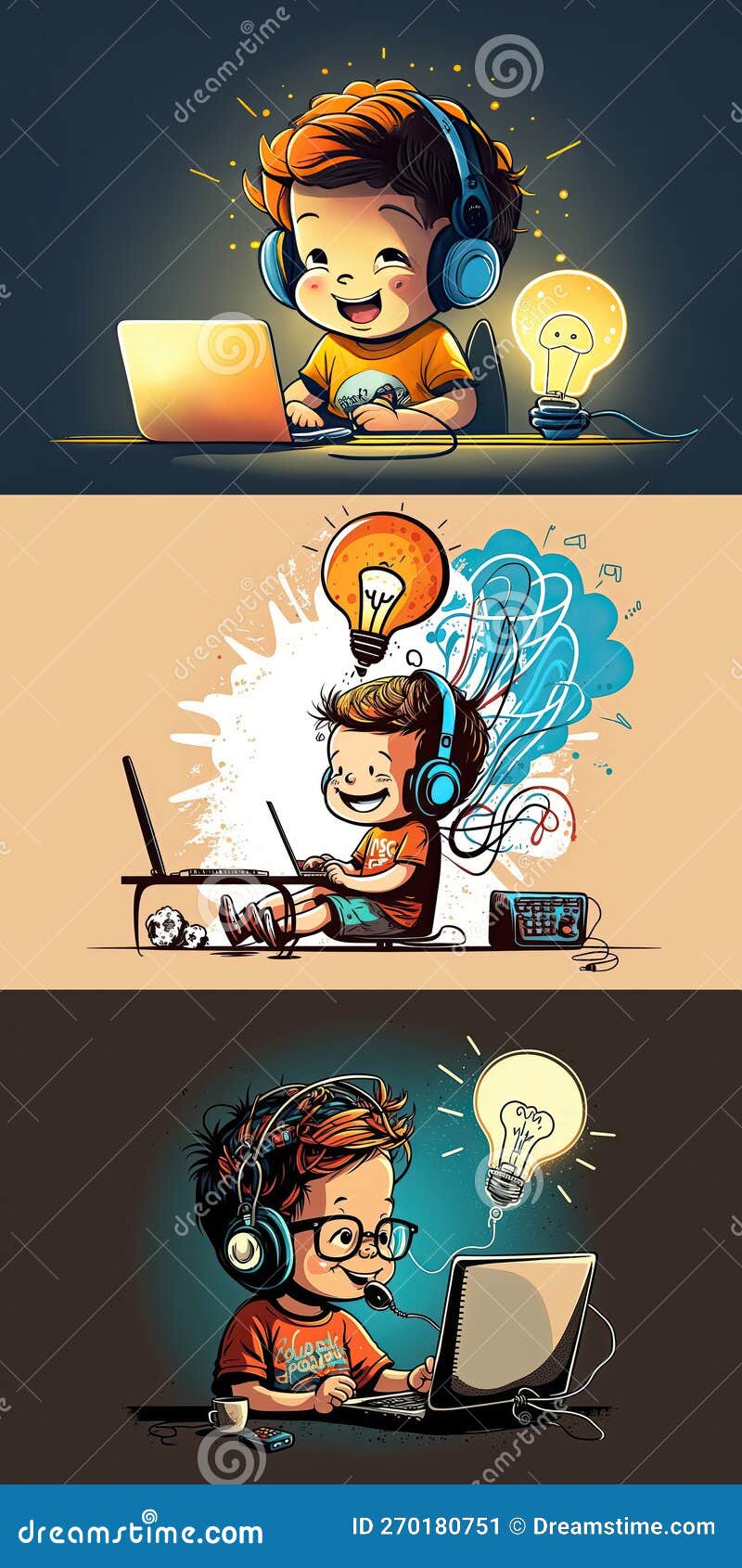Cartoon Set of Kid Getting Idea from Using Computer and Internet for ...