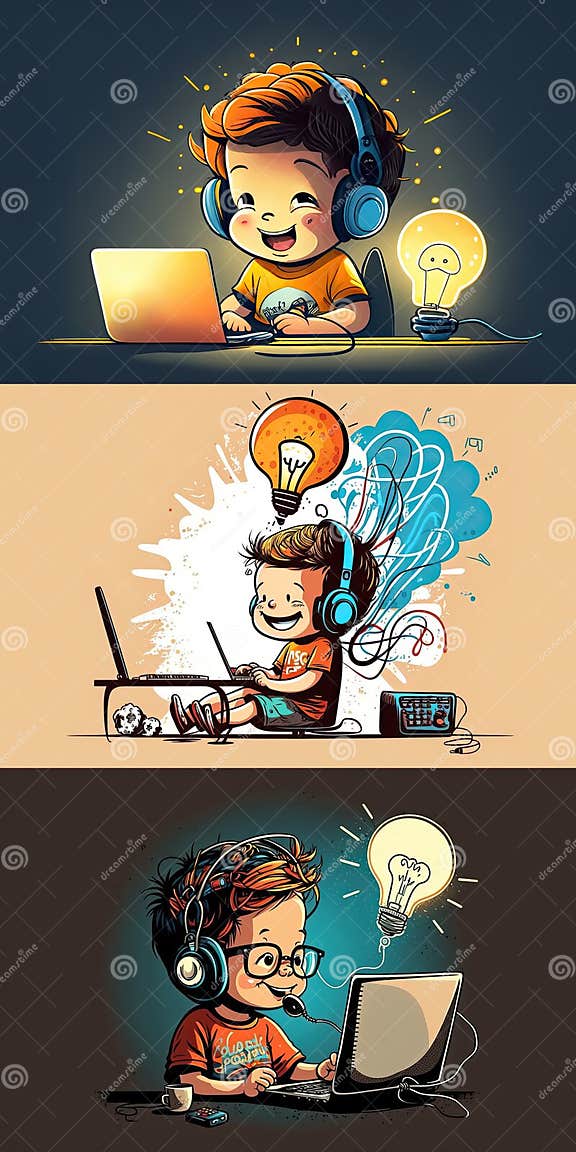 Cartoon Set of Kid Getting Idea from Using Computer and Internet for ...