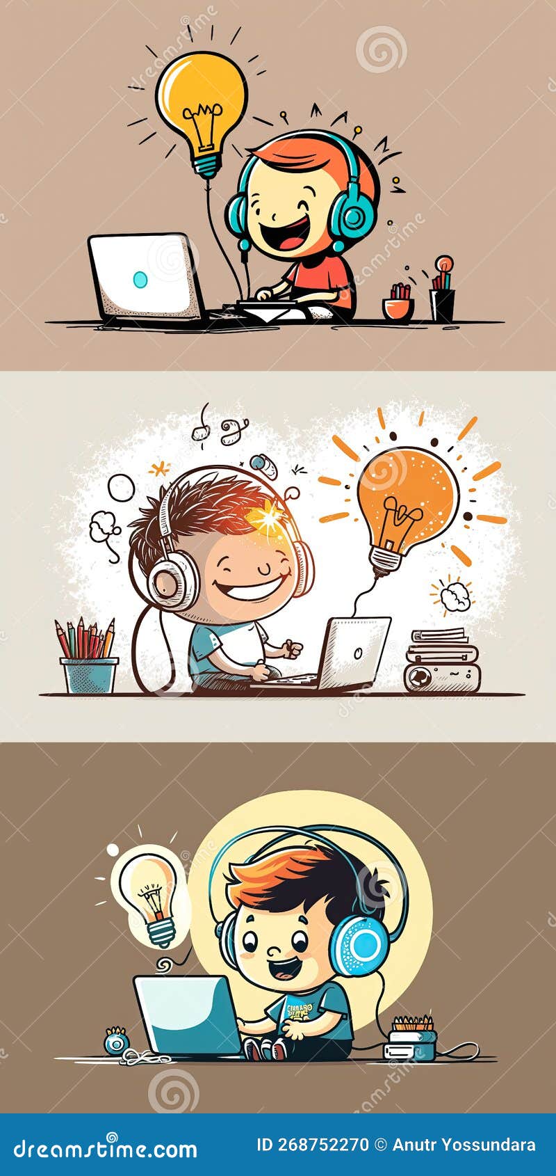 Cartoon Set of Kid Getting Idea from Using Computer and Internet for ...