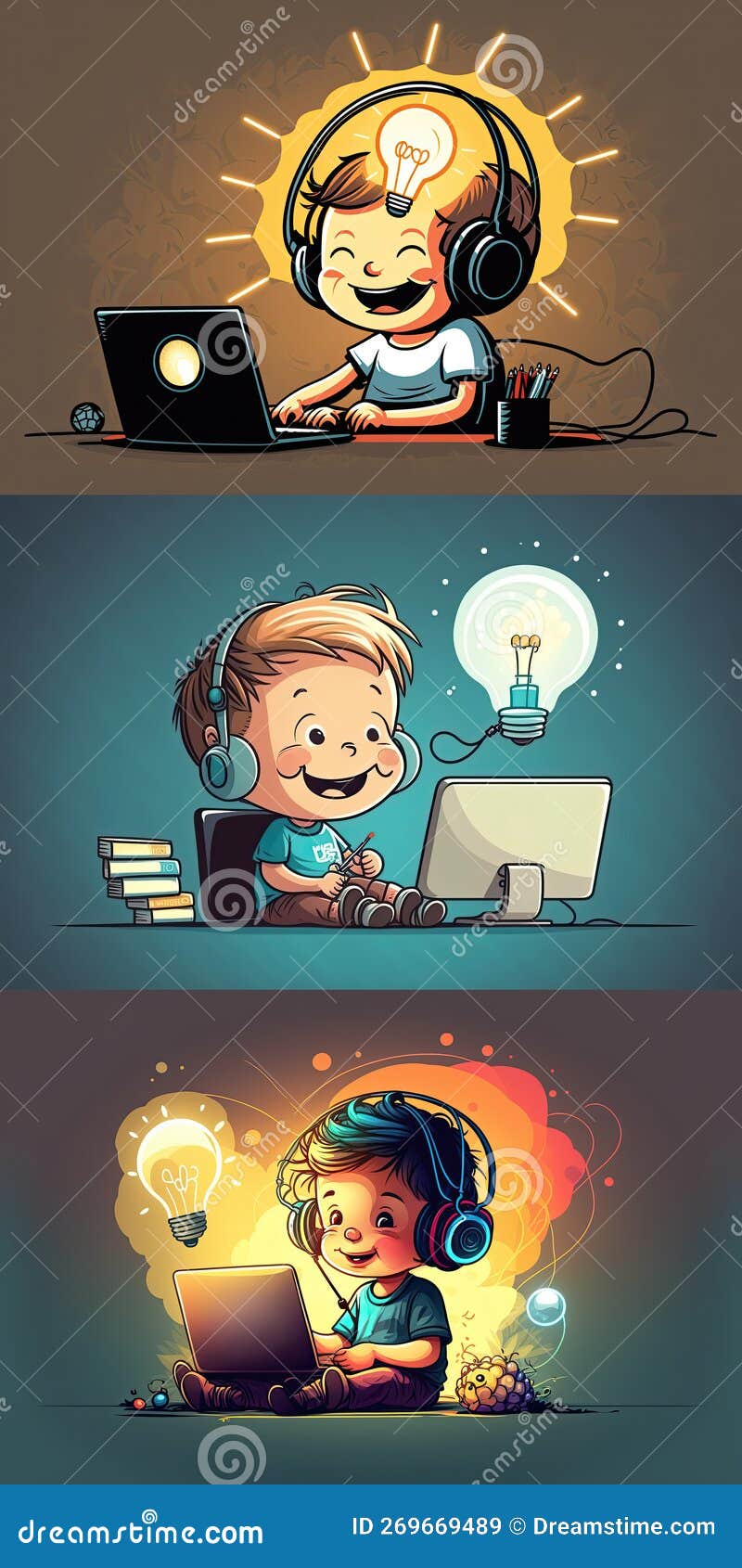 Cartoon Set of Kid Getting Idea from Using Computer and Internet for ...