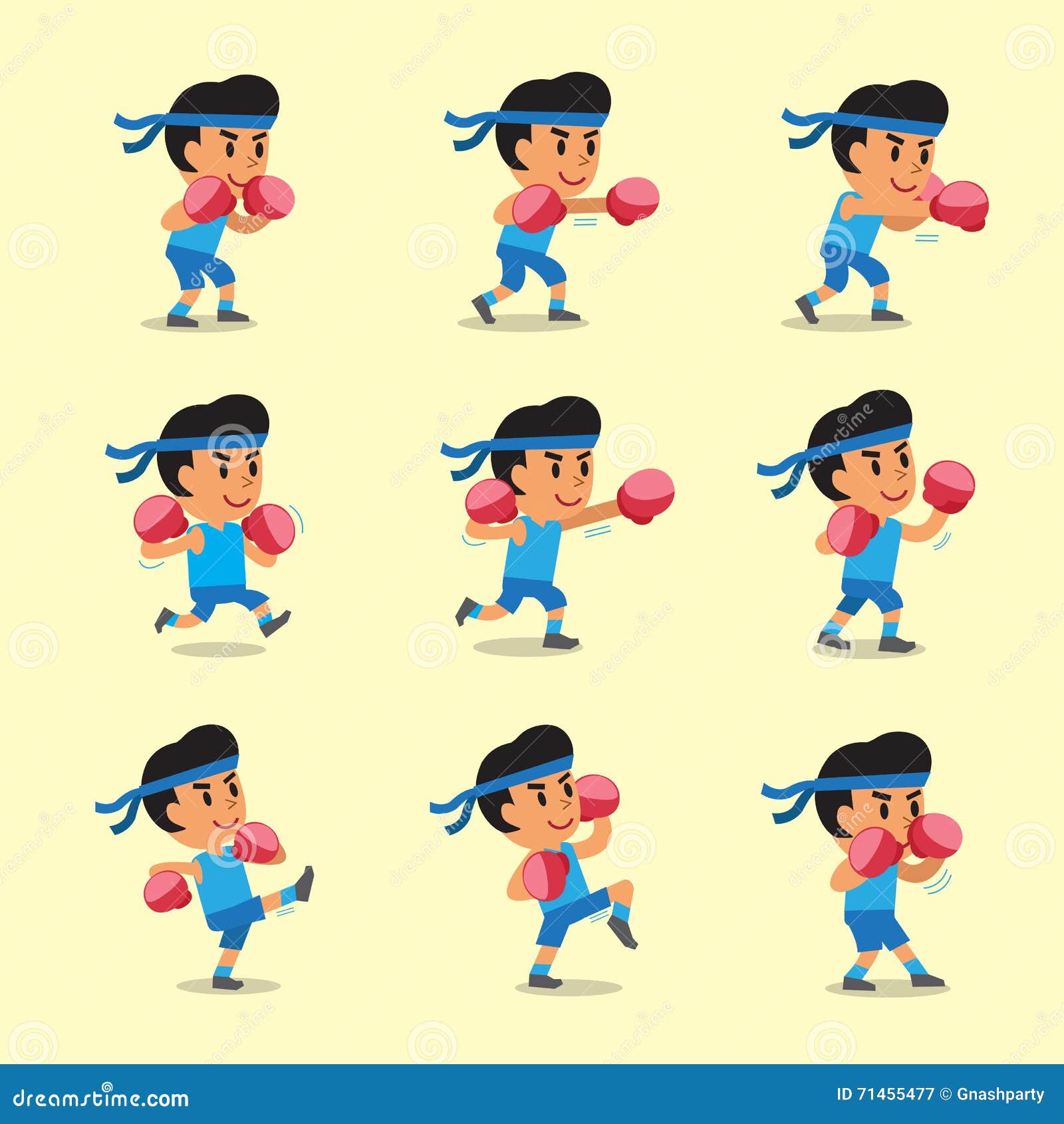 Cartoon Set of Man Doing Kickboxing Workout Stock Vector - Illustration ...