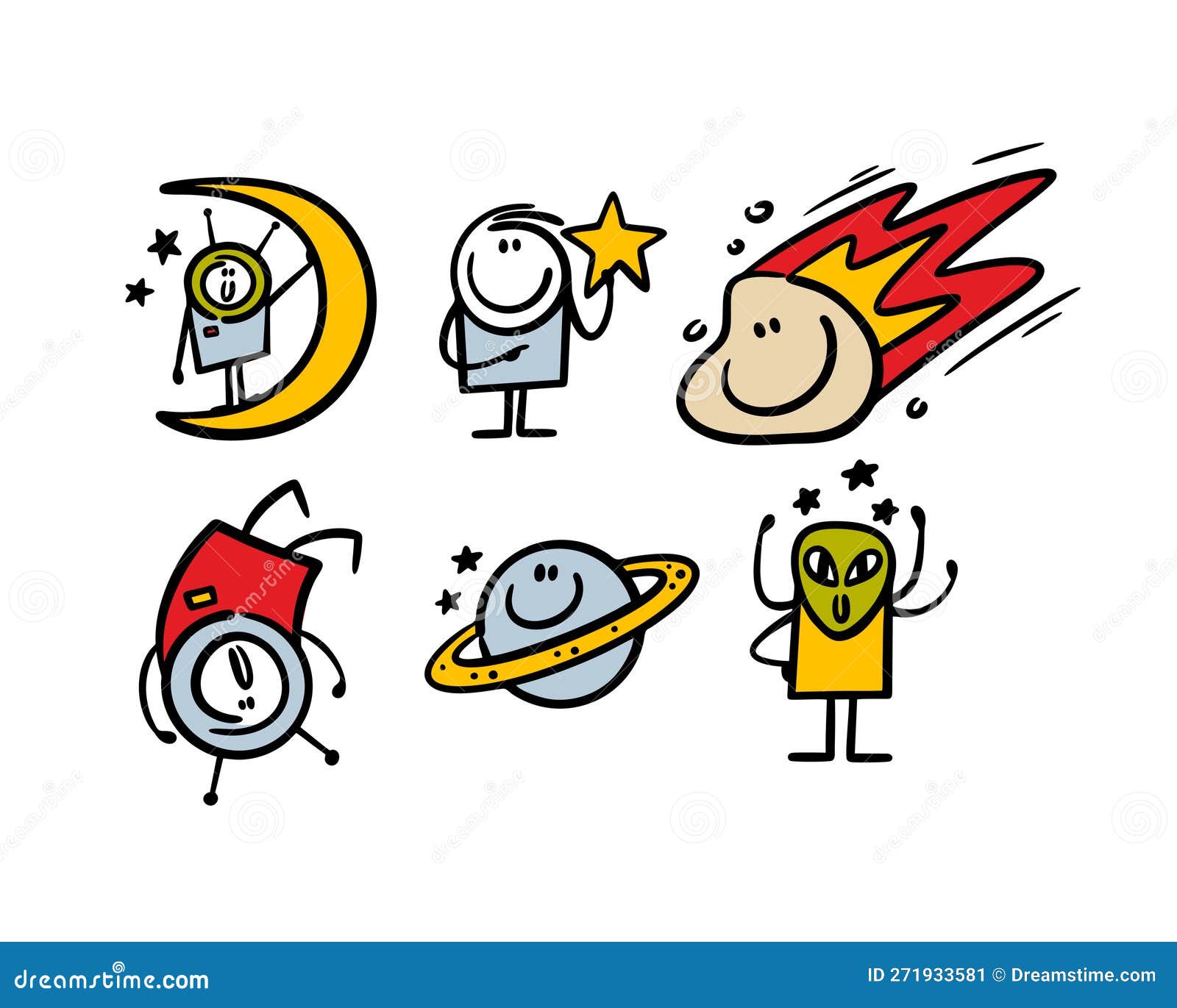 Cartoon Set of Outer Space Characters and Planets Illustrations with ...