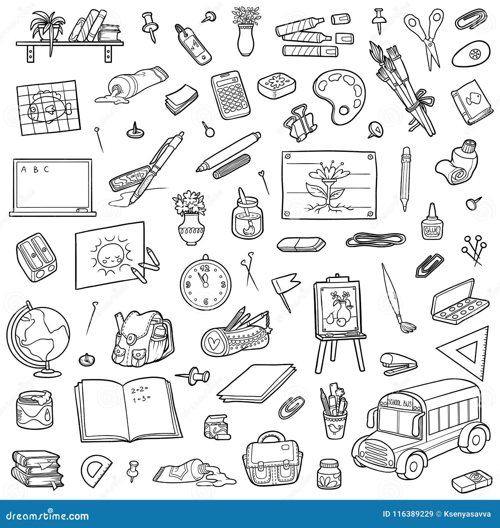 Cartoon Set of School Objects. Collection of Stationery Stock Vector ...