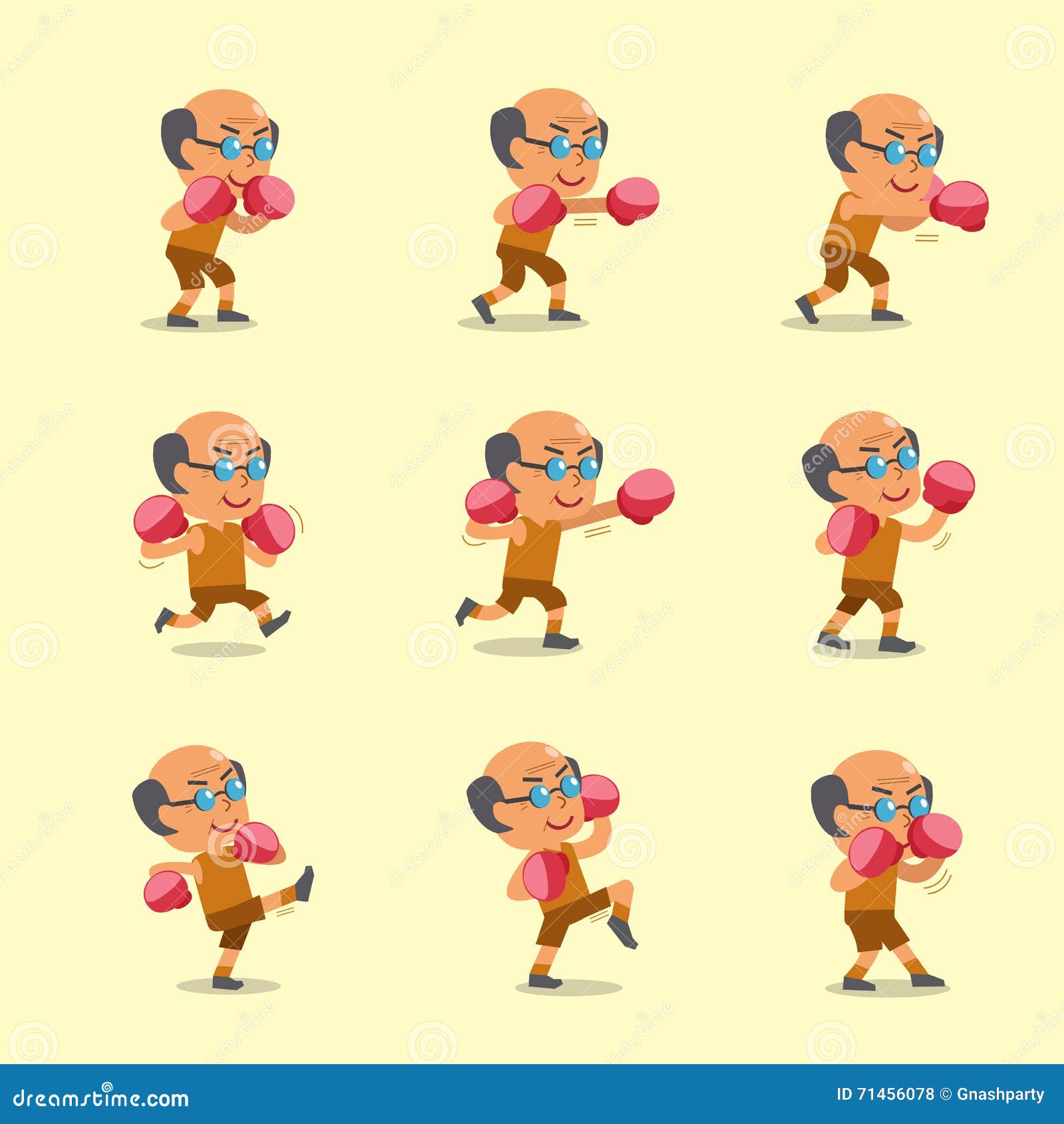 Cartoon Set of Senior Man Doing Kickboxing Workout Stock Vector ...