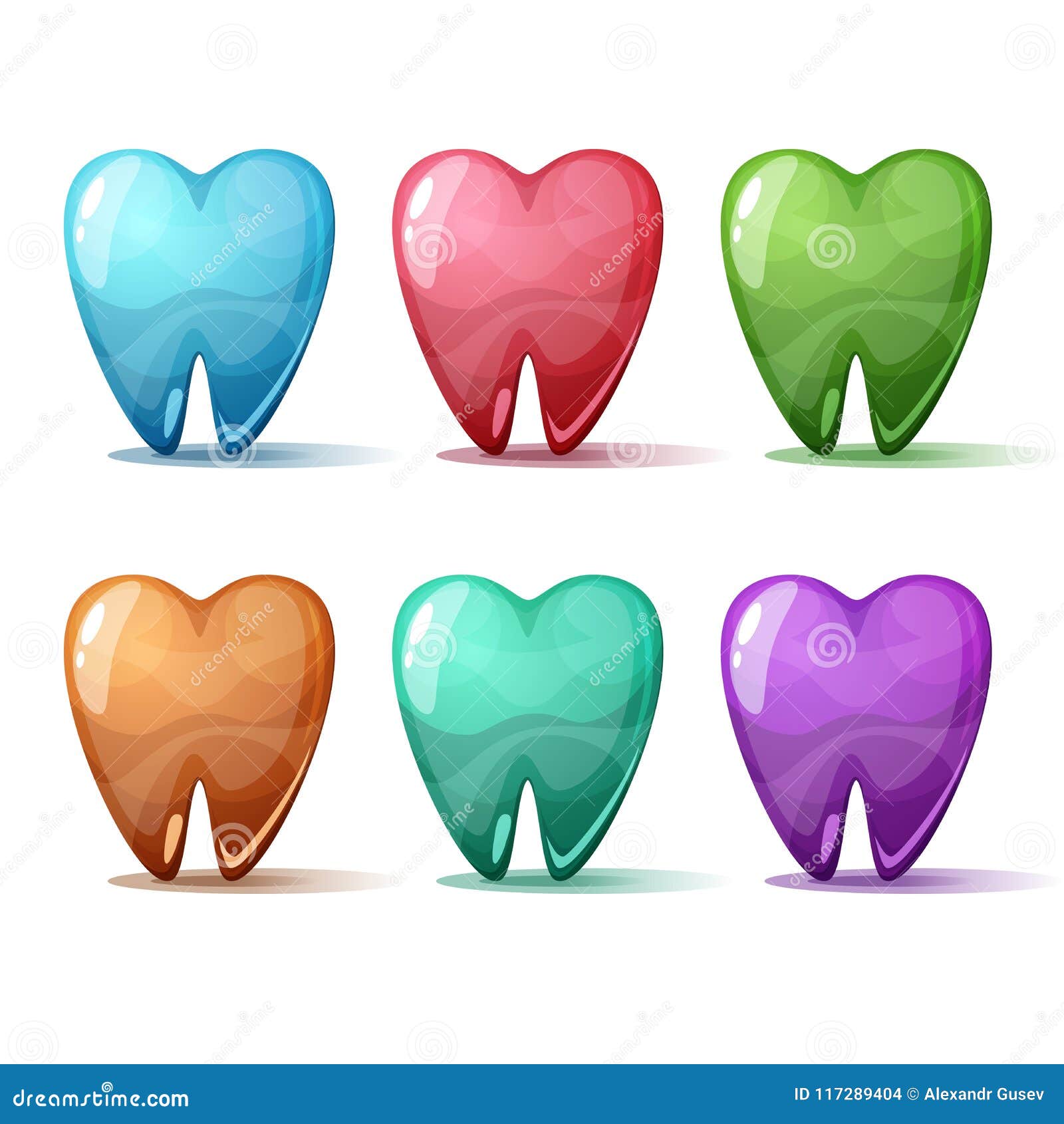 Cartoon Set Tooth. Blue, Red, Pink, Green, Blue. Stock Vector ...