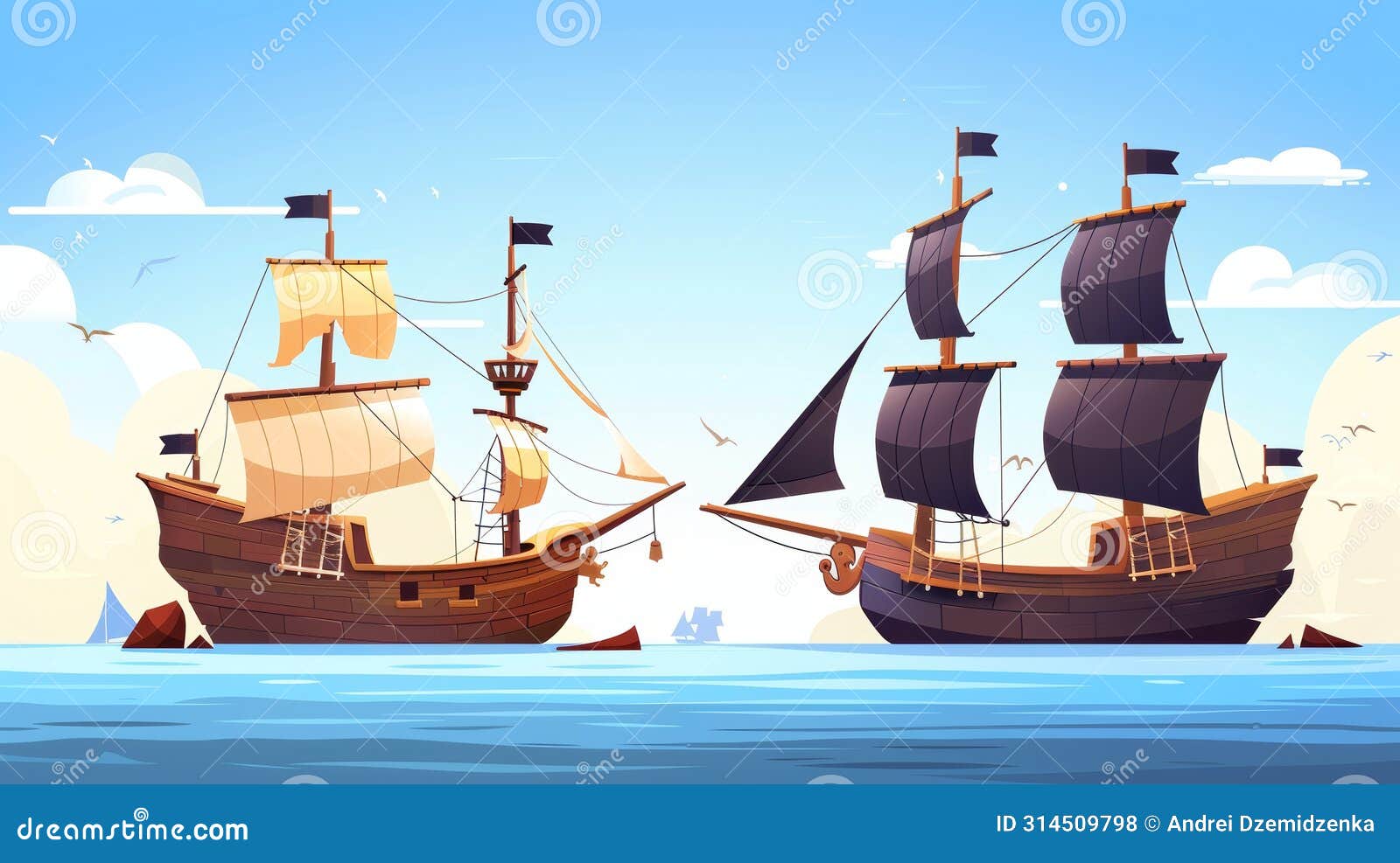 Cartoon Set of Wooden Ships, with Folded Sails, with Black Flag and ...