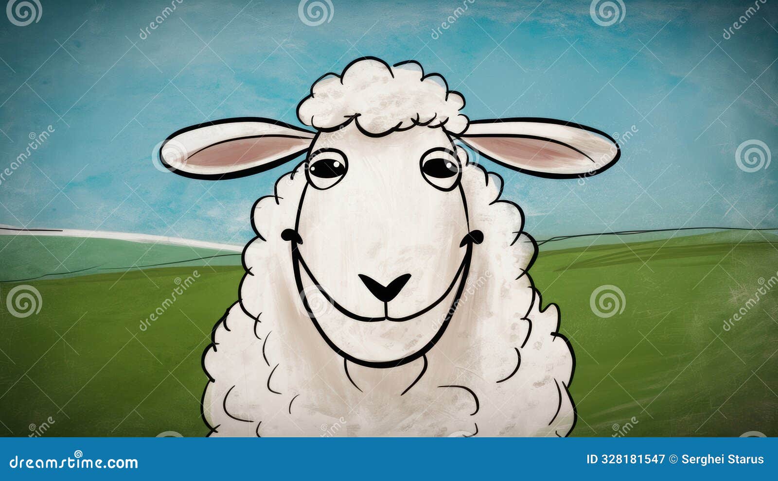 A Cartoon Sheep with a Big Smile on Its Face in the Grass, AI Stock ...